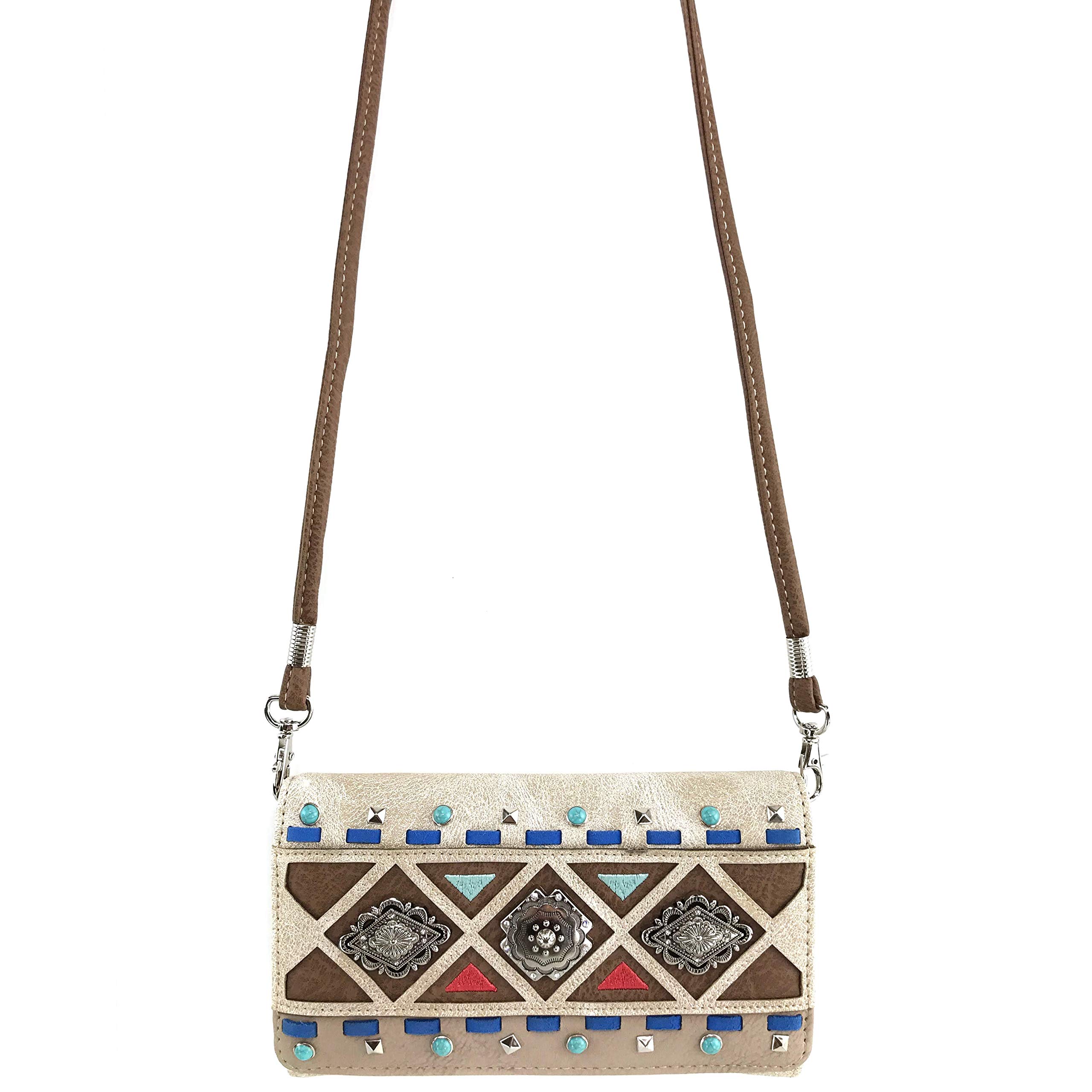 Zelris Colorful Native Tribal Patterns Concho Crossbody Wrist Trifold Wallet (Beige)