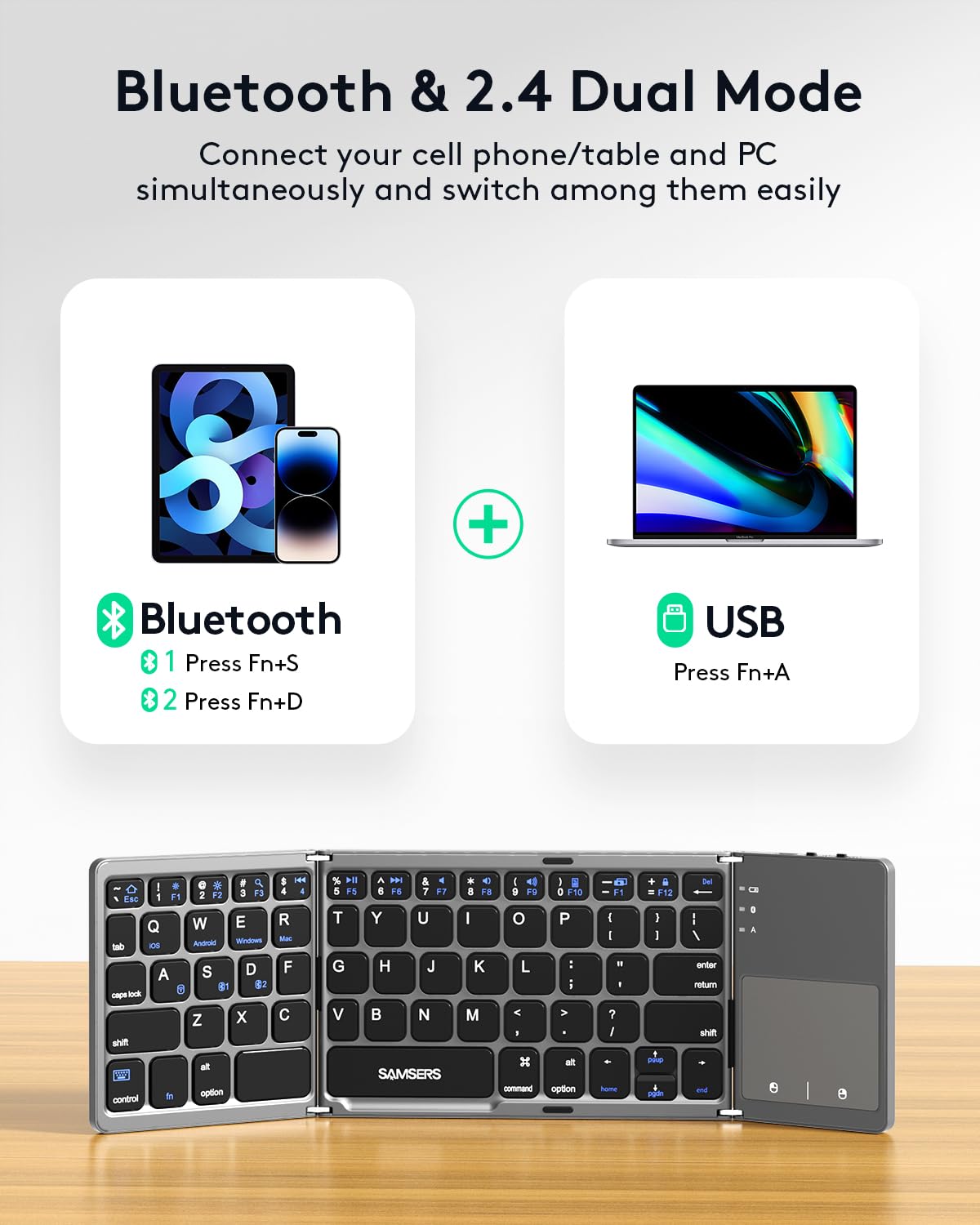 Samsers Multi-Device Foldable Bluetooth Keyboard with Touchpad Rechargeable Dual-Mode(2.4G+BTx2) Wireless Keyboard with Holder, Portable Ultra Slim Folding Keyboard for Android Windows iOS Mac OS