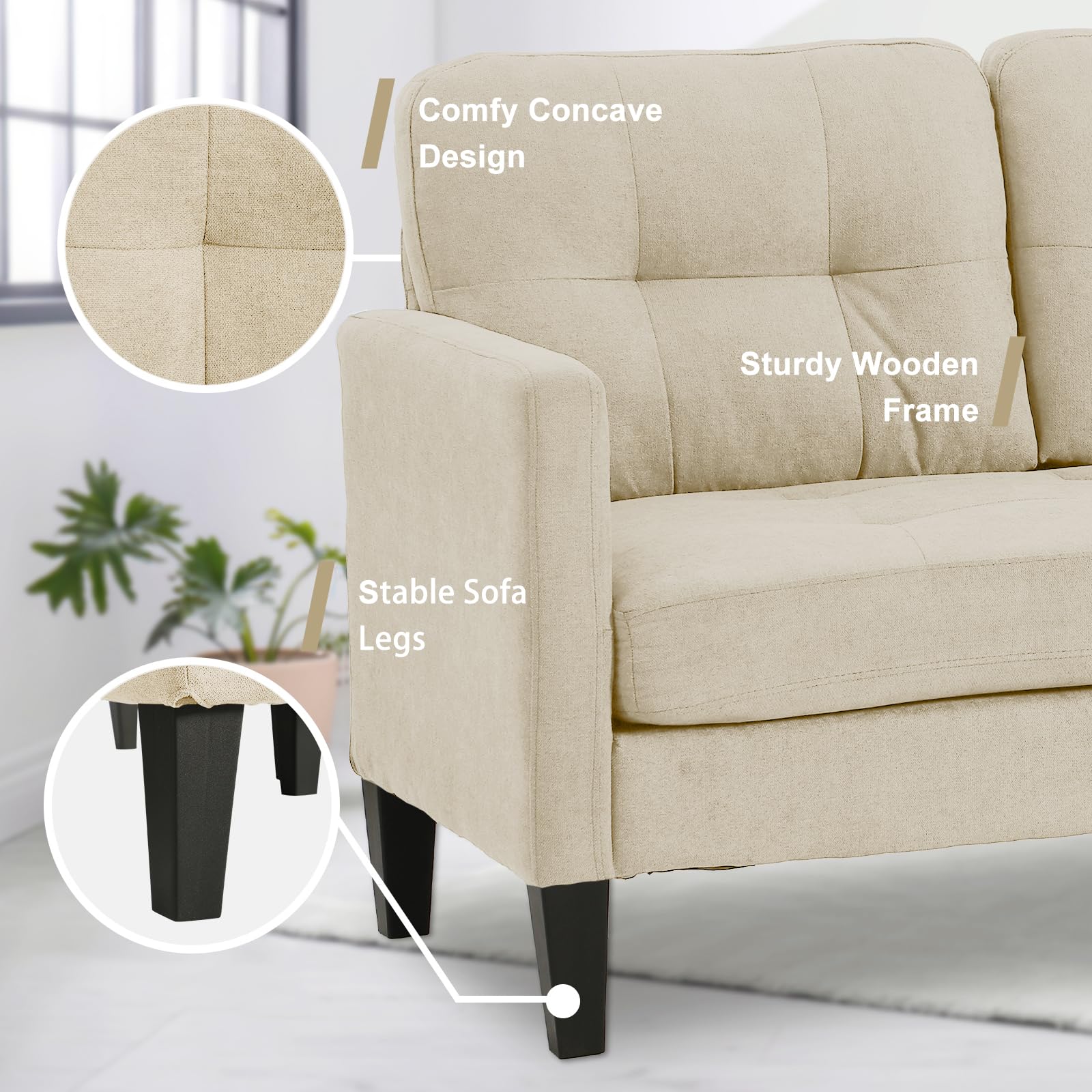 LETATA Convertible Sectional Sofa Couch with Chaise, Black L Shaped Couch Sofa Set with Reversible Ottoman, Modern Small Sectional Couches for Living Room,Apartment,Small Spaces (Beige)
