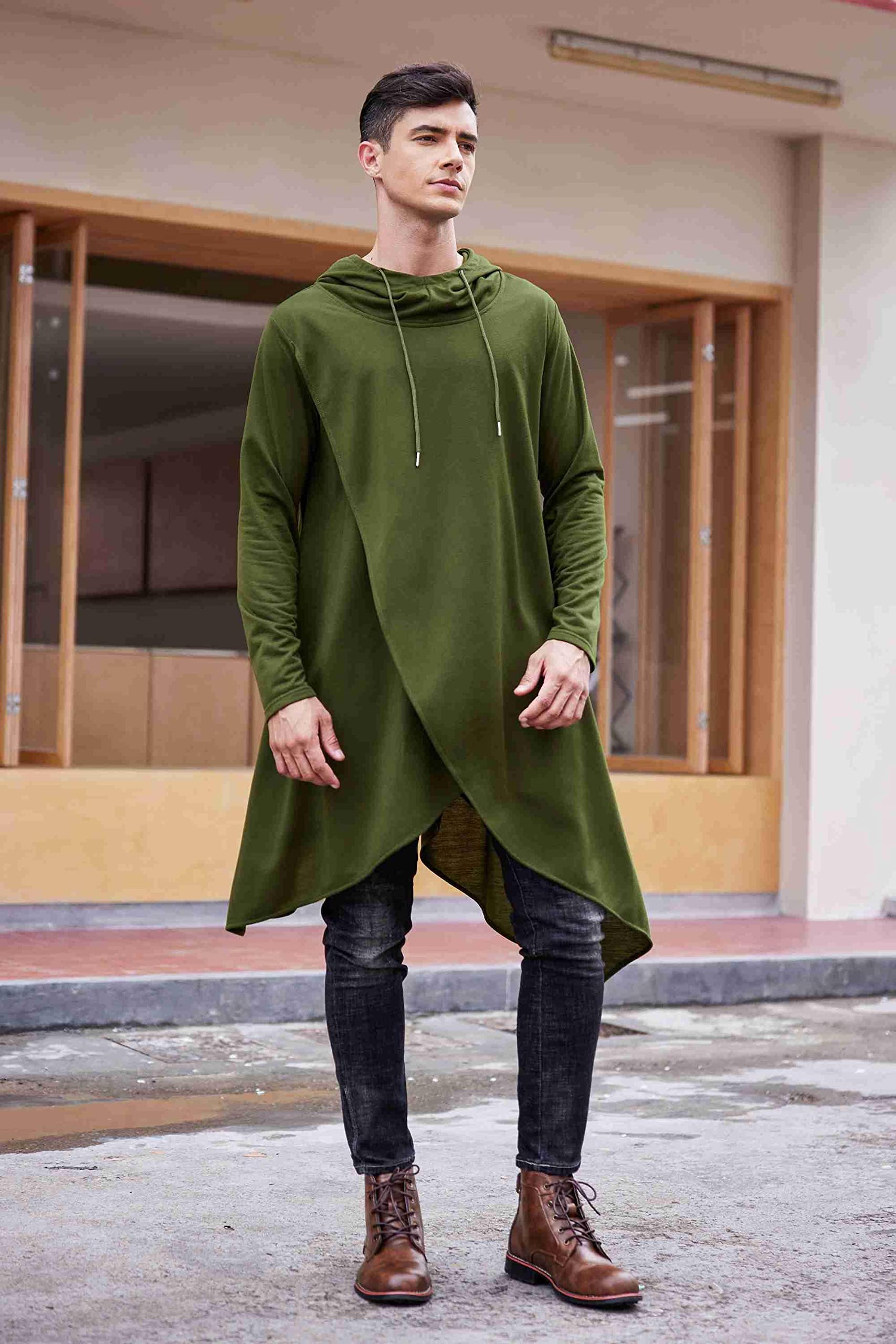 COOFANDY Mens Casual Hooded Poncho Cape Cloak Irregular Hem Hoodie Pullover,Army Green,X-Large