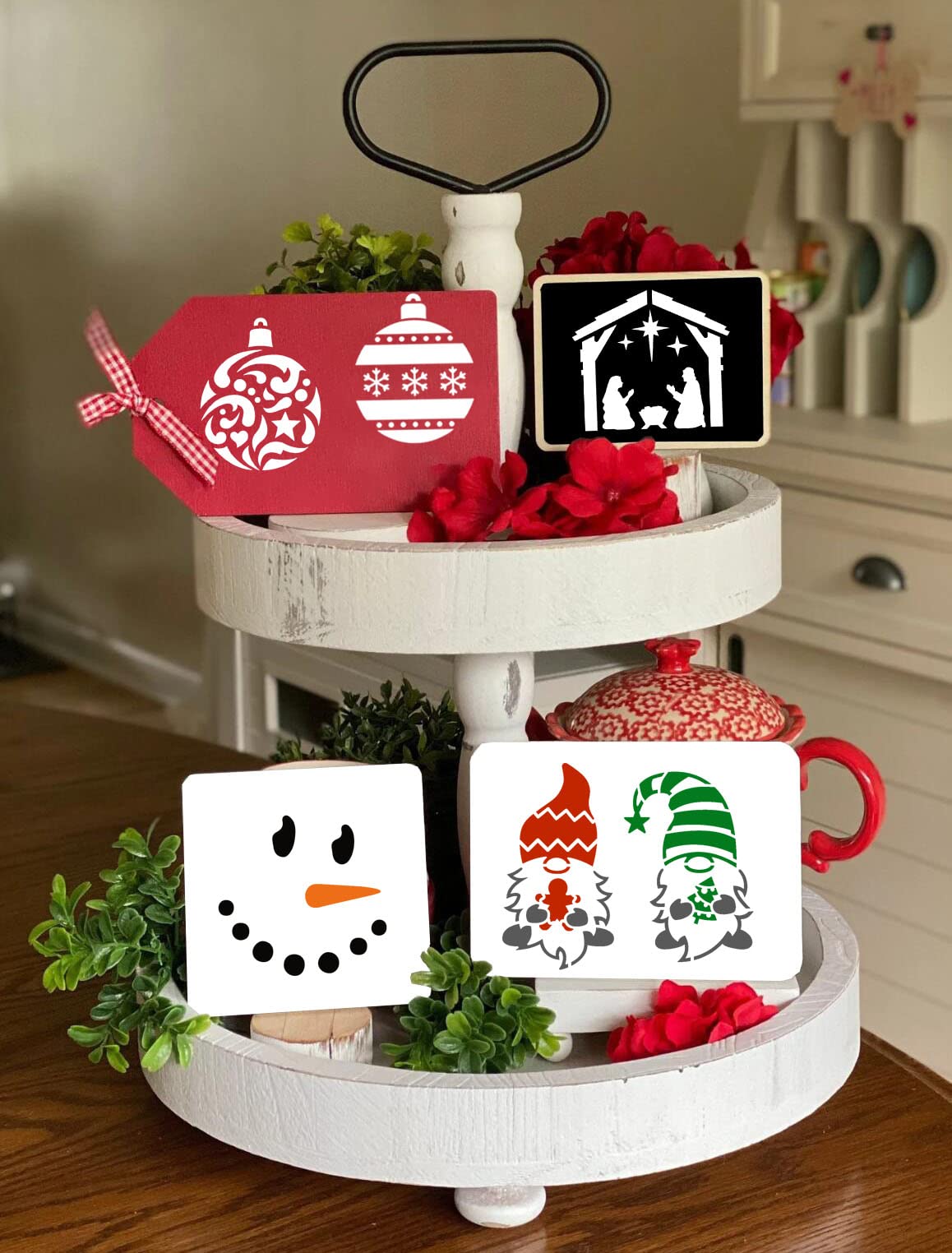 Christmas Stencils for Painting on Wood,3x3” Reusable Holiday Xmas Stencil Drawing Templates for Christmas Tree/Tier Tray/Window Decor