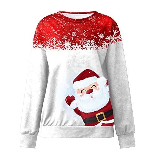 GuangYuan Women Long Sleeve Tshirt Christmas Print Pullover Long Sleeve Sweatshirts Drop Shoulder Pullover Clothes Outfits White