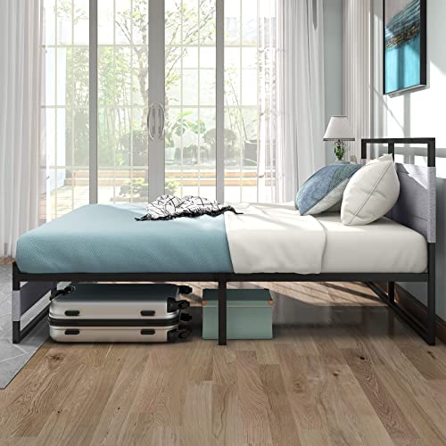 LIFERECORD Queen Metal Platform Bed Frame with Headboard and Pocket, Heavy Duty Steel Slat Bed No Box Spring Needed Noise Free Modern