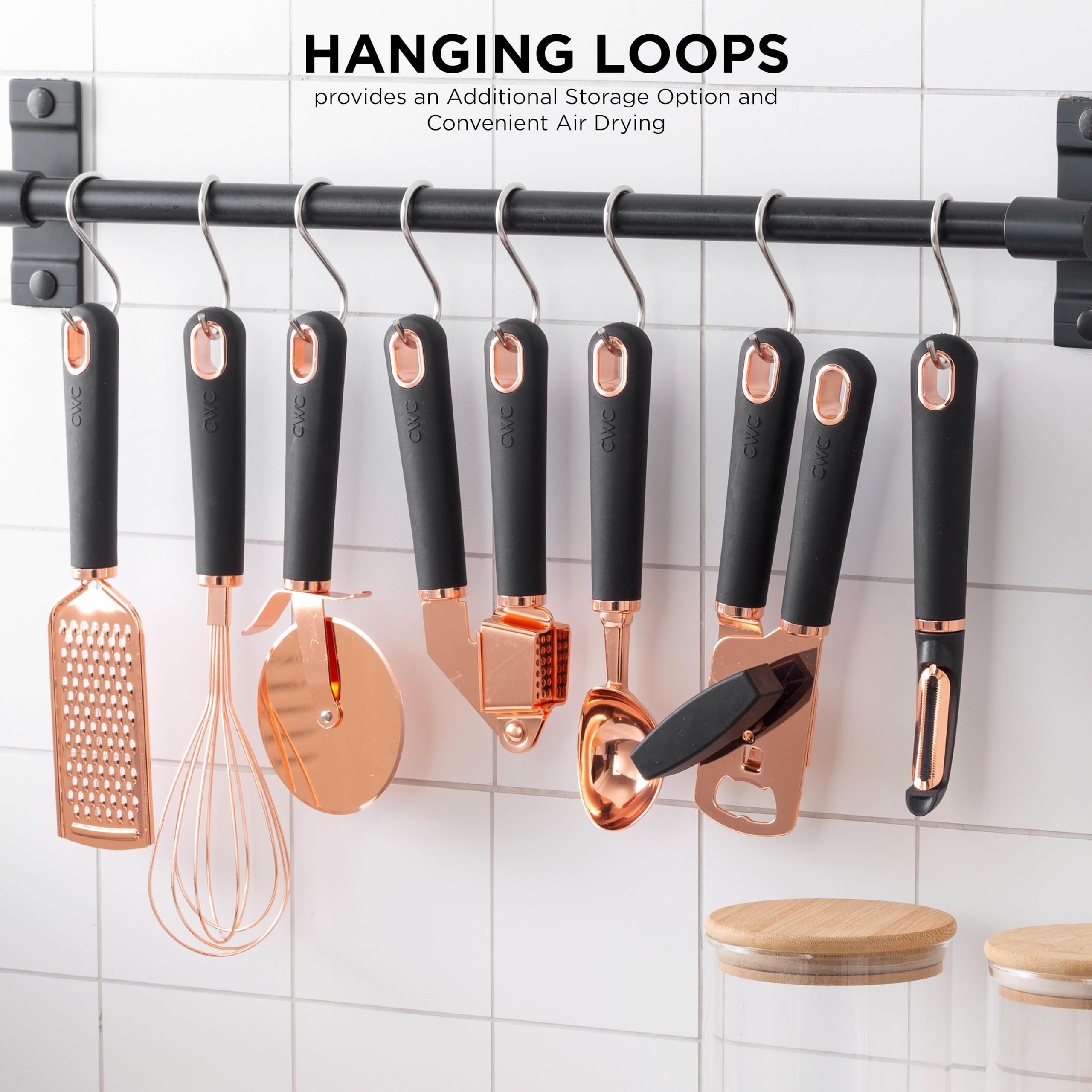 COOK With COLOR 7 Pc Kitchen Gadget Set Copper Coated Stainless Steel Utensils with Soft Touch Navy Handles