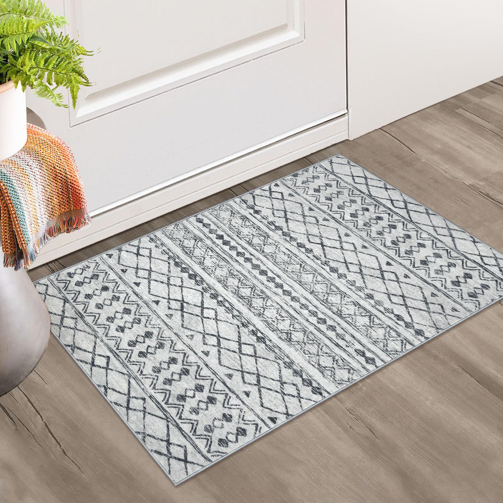 KUTA Moroccan Rugs for Entryway, 2x3 Grey Entryway Rug Non-Slip Washable Small Area Rug, Ultra Soft Vintage Geometric Low-Pile Indoor Door Mat Floor Carpet for Indoor Rugs, Entrance, Kitchen