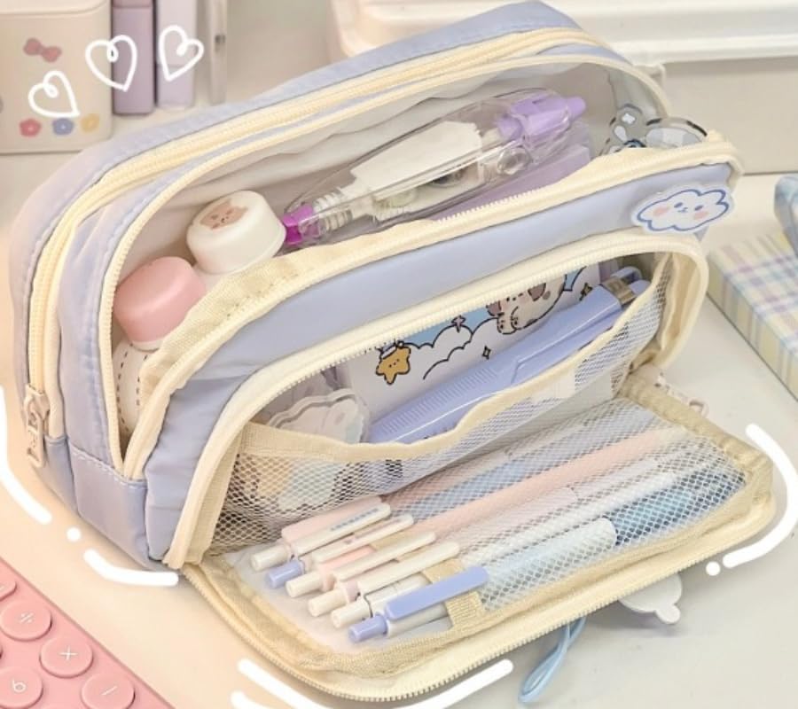 irLocy Cute Aesthetic Pencil Case Kawaii Pencil Case with Kawaii Pins Large Pencil Pouch Holder Preppy Supplies (blue)