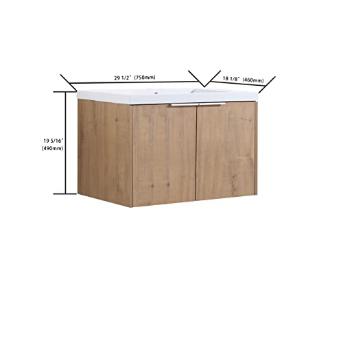 Pvillez Bathroom Vanity with Sink Combo, Floating Vanity Cabinet 30 Inch, Bathroom Vanities, Modern Wall Mounted Concrete Bath Vanity Set with Porcelain Top Storage Cabinet (Imitative Oak 2)
