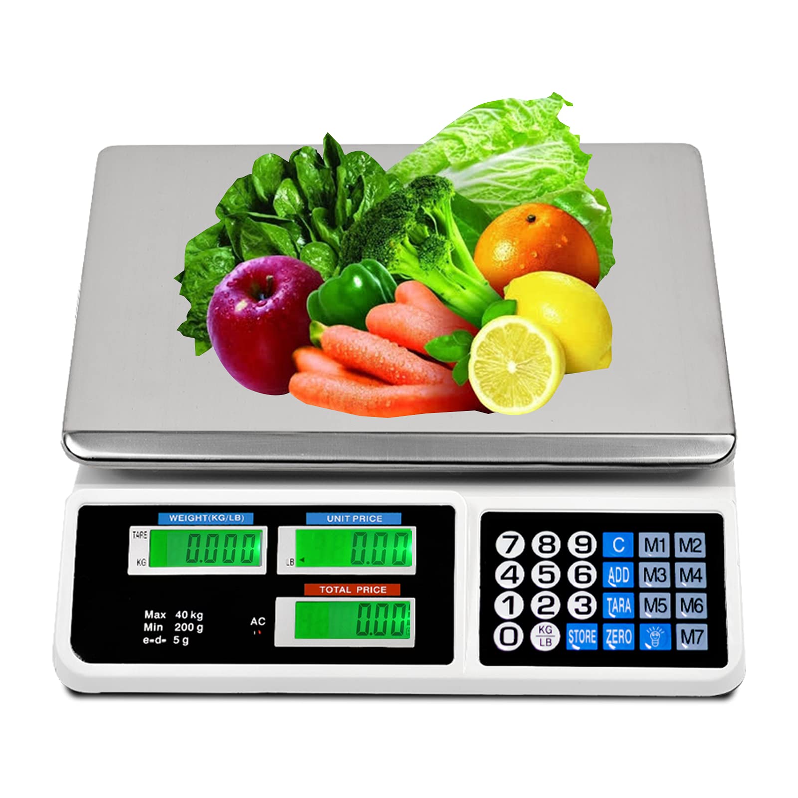 DEARCOOL Digital Commercial Price Scale, 88LB/40KG Electronic Price Computing Scale, Commercial Food Meat Fruit Weight Scale with LCD Display, Stainless Steel Platform