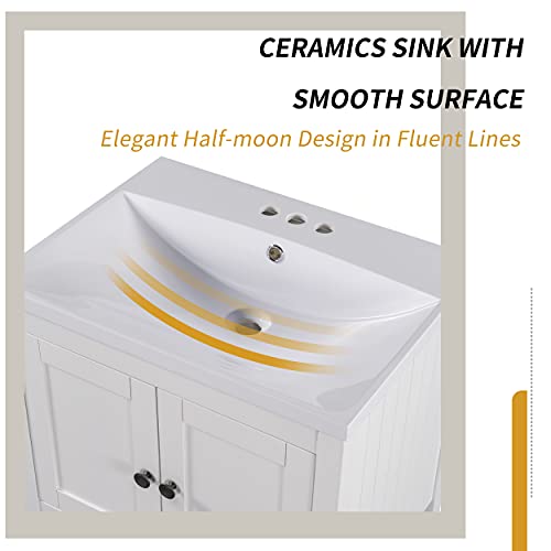 Merax 24 Inch Bathroom Vanity with Ceramic Sink Set Combo, Cabinet with Drawer and Doors, Solid Wood Frame with Painted Finish, Modern Style, White