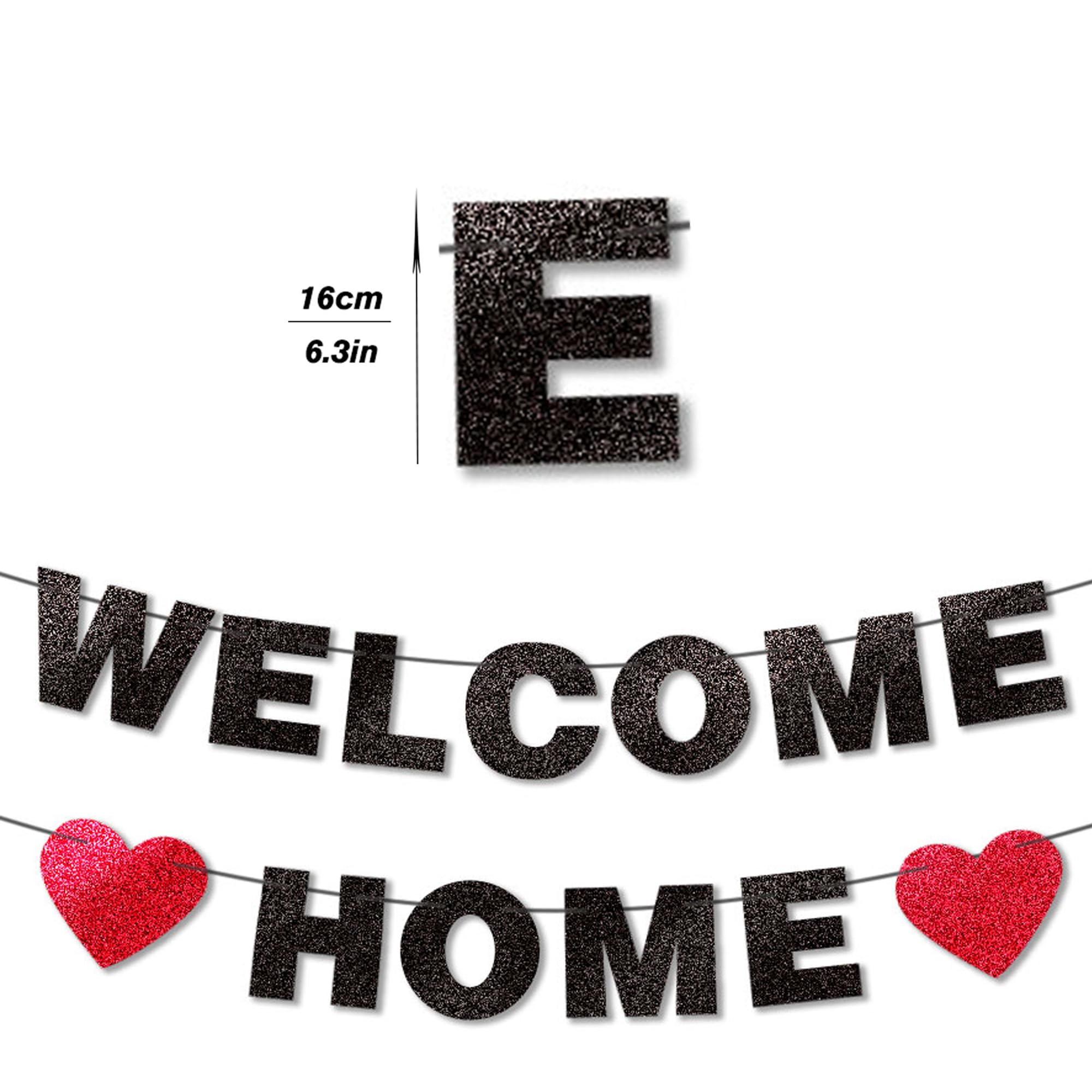 JunyRuny Welcome Home Black Red Glitter Banner, Welcome Back Party Decorations, Welcome Home Signs for Inside, Large Welcome Banner, Welcome Home Decor