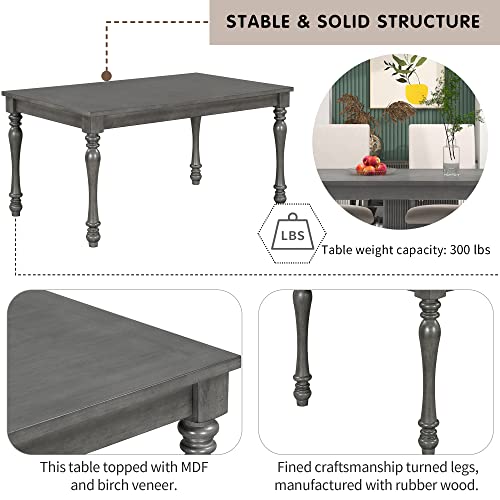 Merax 6-Piece Wood Rectangular Table Set with Turned Legs, 4 Upholstered Chairs and Bench for Dining Room, Grey+Beige_6pcs