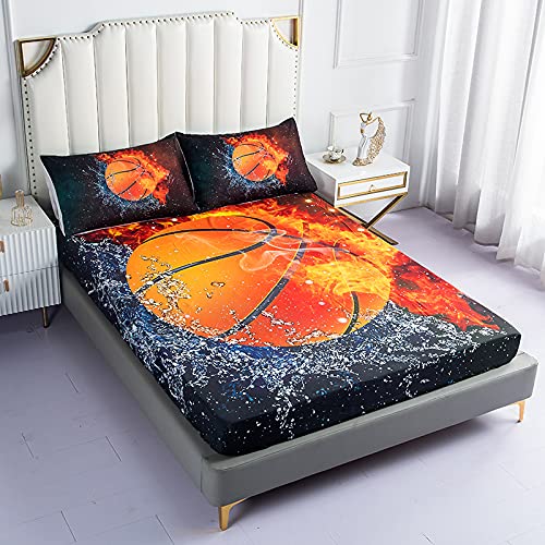 Roscloud Sports Basketball Sheets Sets Full Size - 3PC Ice Flame Galaxy Basketball Boys Fitted Sheet(Fitted Sheet*1 Pillowcases*2)