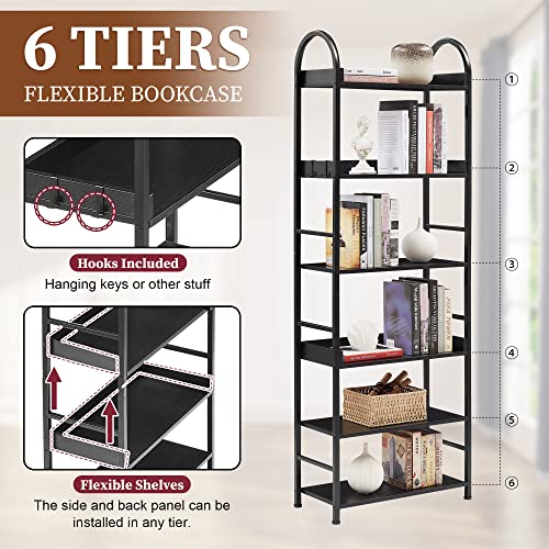 Merax Bookshelf, 6-Tier Bookcase with 4 Hooks, 70.8 Inch Tall Industrial Wood Storage Rack, Arched Open Shelves for Home Office, Living Room, Bedroom, Kitchen