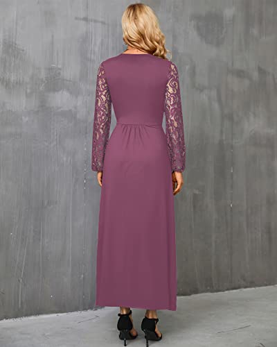 PYGFEMR Women's Lace Long Sleeve Maxi Dress V Neck Wrap Waist Maxi Dresses with Pockets 2022 New Mauve L
