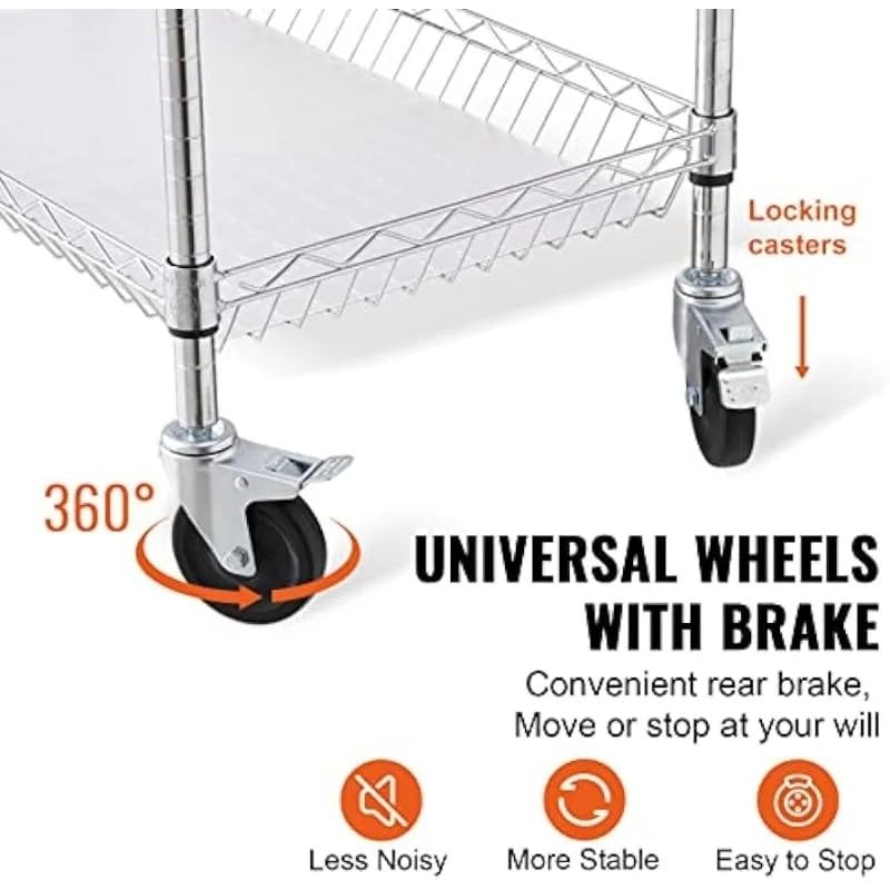 DCOT Kitchen Utility Cart, 3 Tiers, Wire Rolling Cart with 661 LBS Capacity, Steel Service Cart on Wheels, Metal