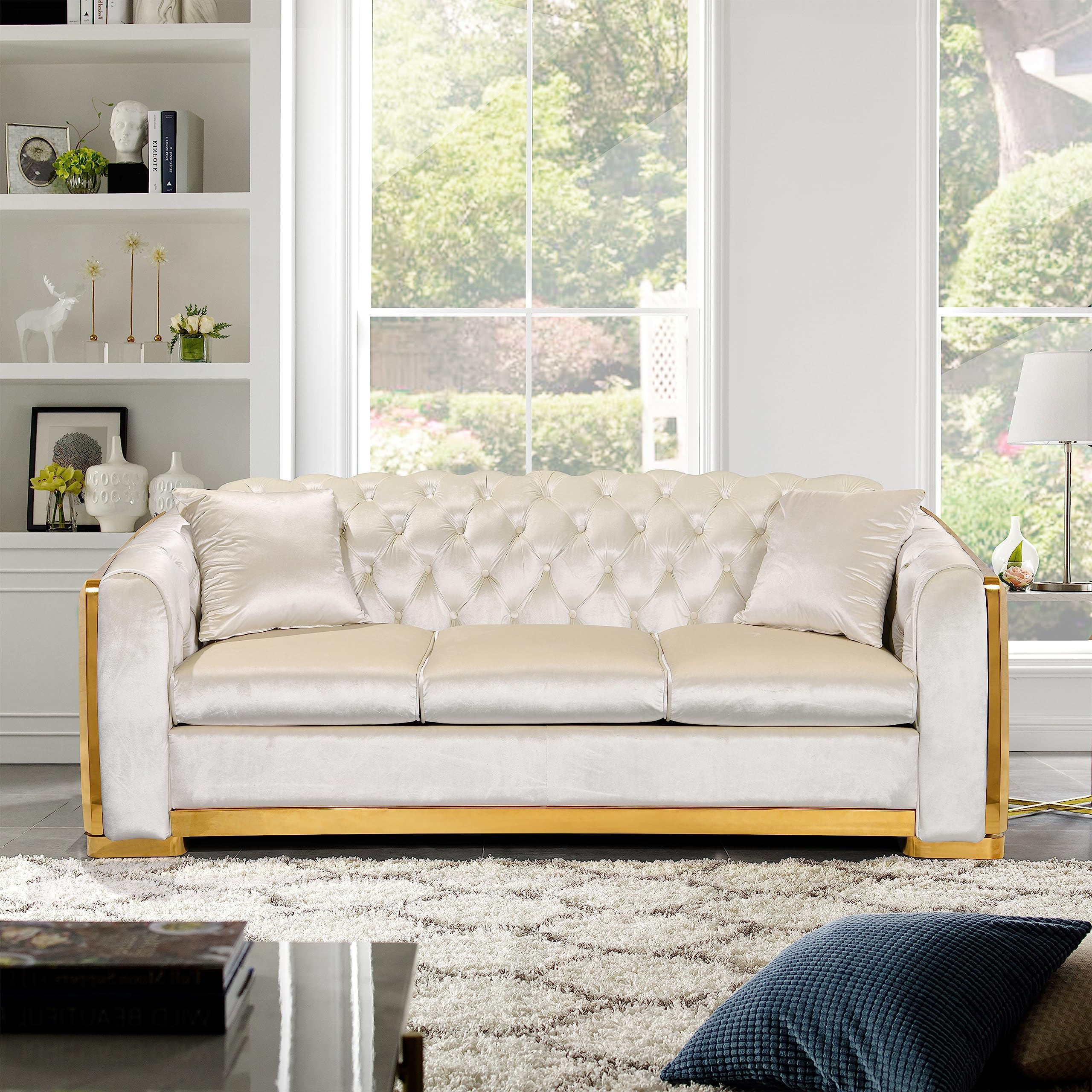 JURMALYN 81.1" Beige & Gold 3 Seater Sofa Couch Velvet Chesterfield Sofa Couch Modern Sectional Sofa Couch for Living Room Button Sofa with 2 Pillows