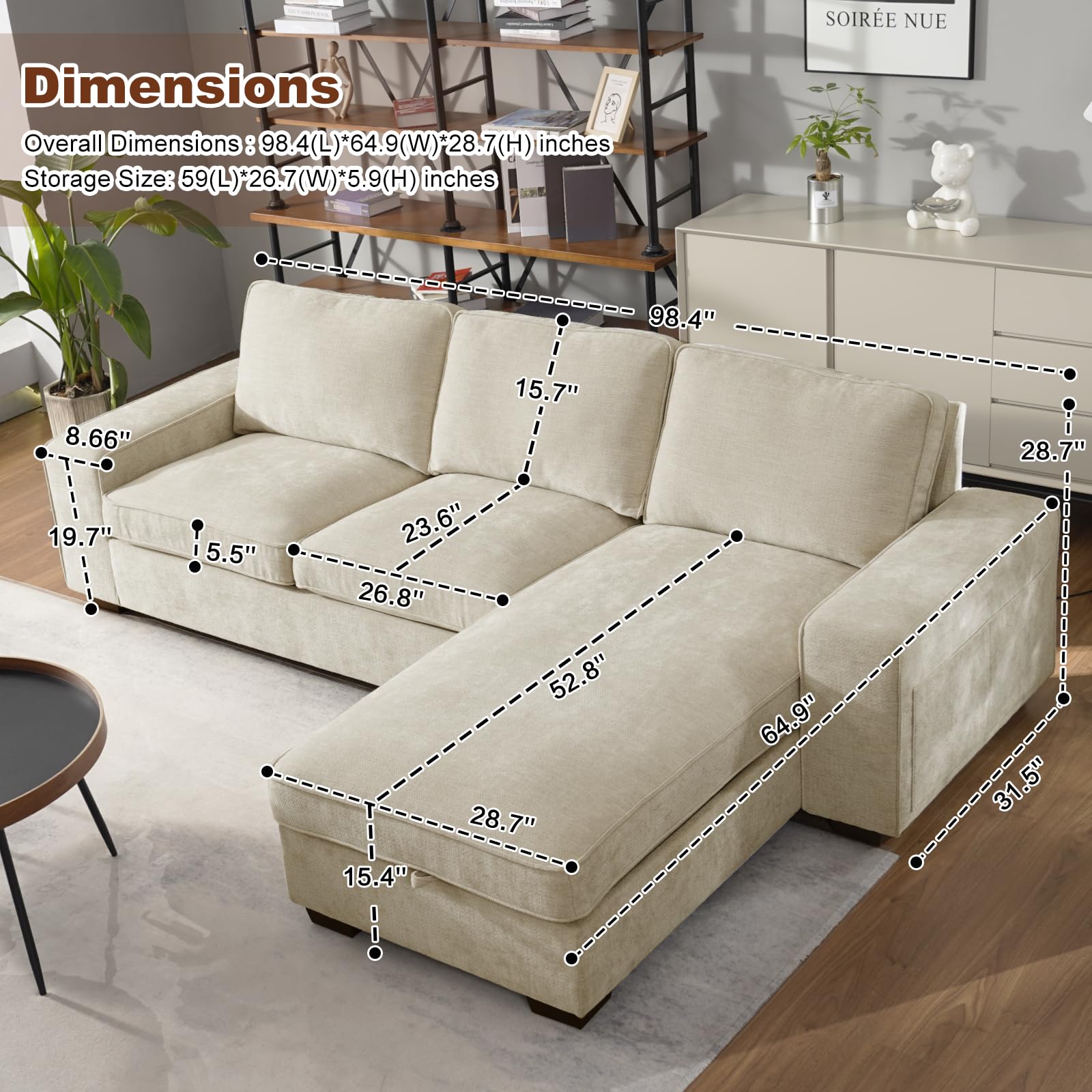 COOSLEEP 99” L-Shape Convertible Sectional Couches Sofas with 190L Storage Chaise,Chenilee Upholstered Sofas with Removable Cushion and Detachable Cover,USB and Type-c Charging for Living Room