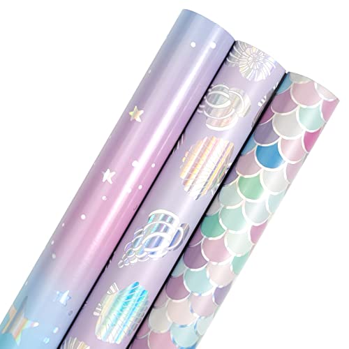 LDGOOAEL Mini Short Small Wrapping Paper Roll with Cut Lines on Reverse (17" X 120" Per Roll) - Purple Mermaid Scales/Galaxy with Glitter Metallic Foil Shine for Birthday, Wedding, Baby Shower,Bridal Showers