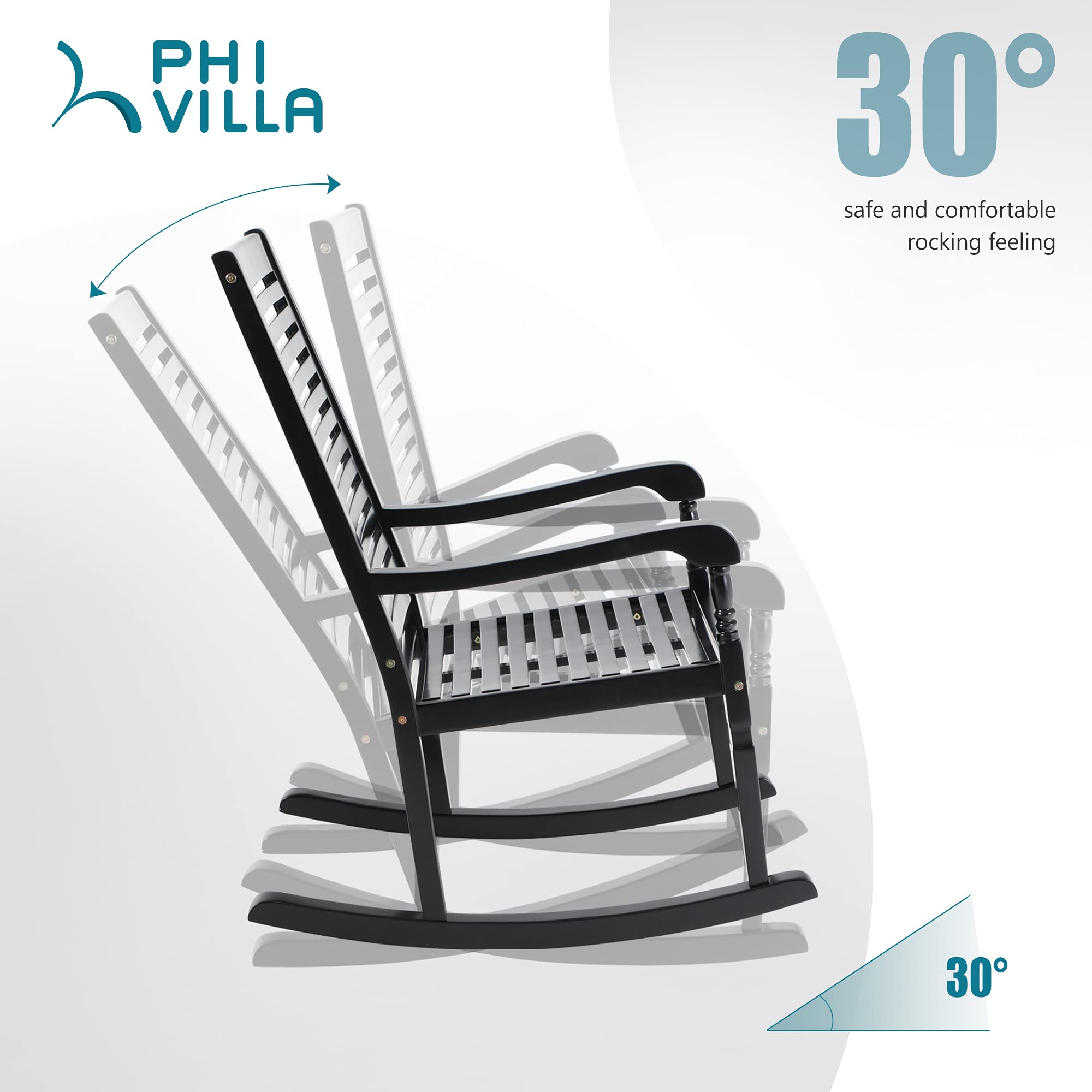 PHI VILLA Outdoor Rocking Chairs Set of 2, Acacia Wood Rocker Chairs for Patio, Deck, Balcony or Porch, 30° Safe Recline Support 350lbs - Black