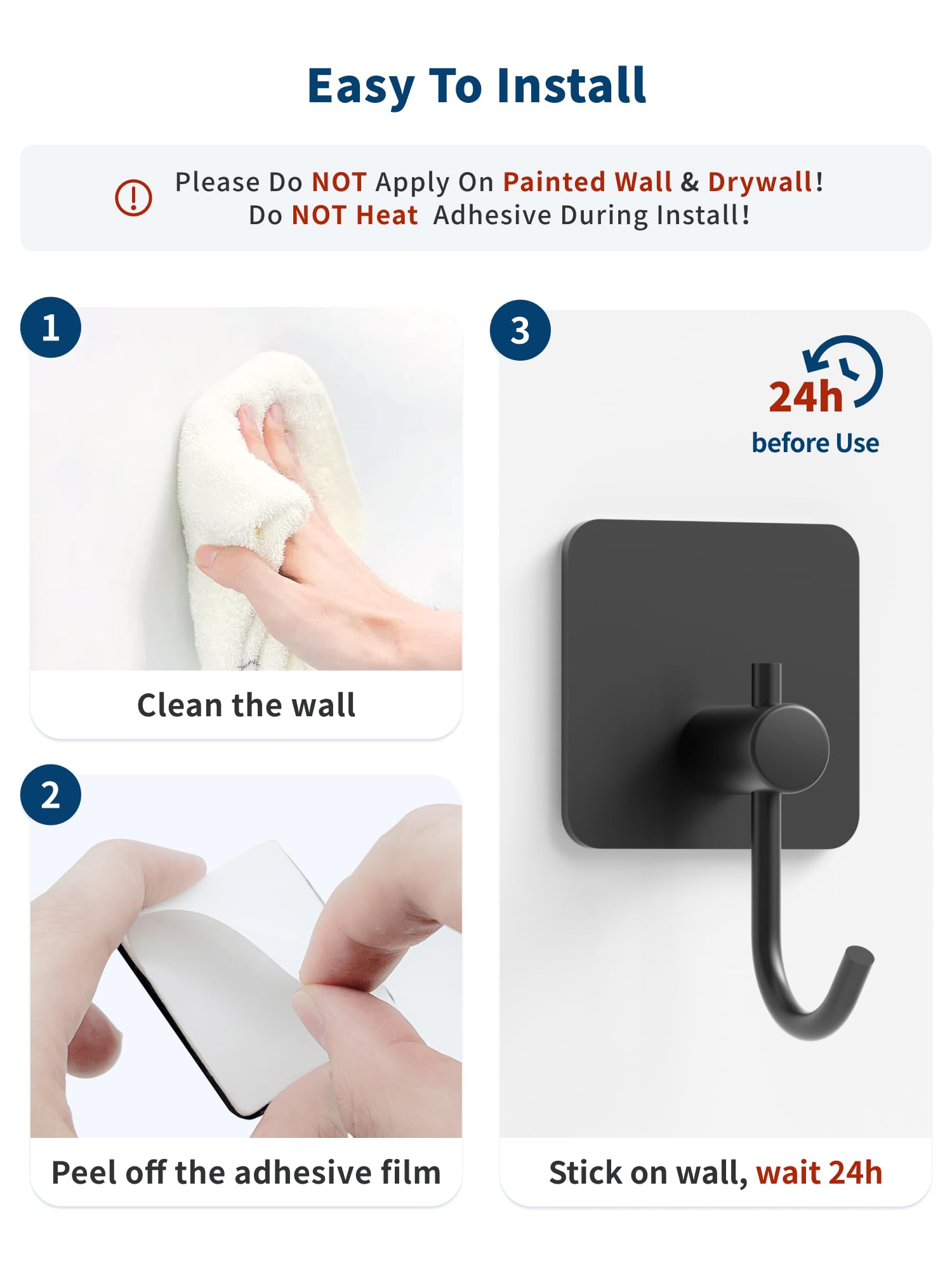 GWAAZXGZ Adhesive Towel Hooks for Bathroom- Black Sticky Hooks for Hanging Towel, Coat, Self Adhesive Hooks for Bathroom, Kitchen, Living Room, 4 Pack
