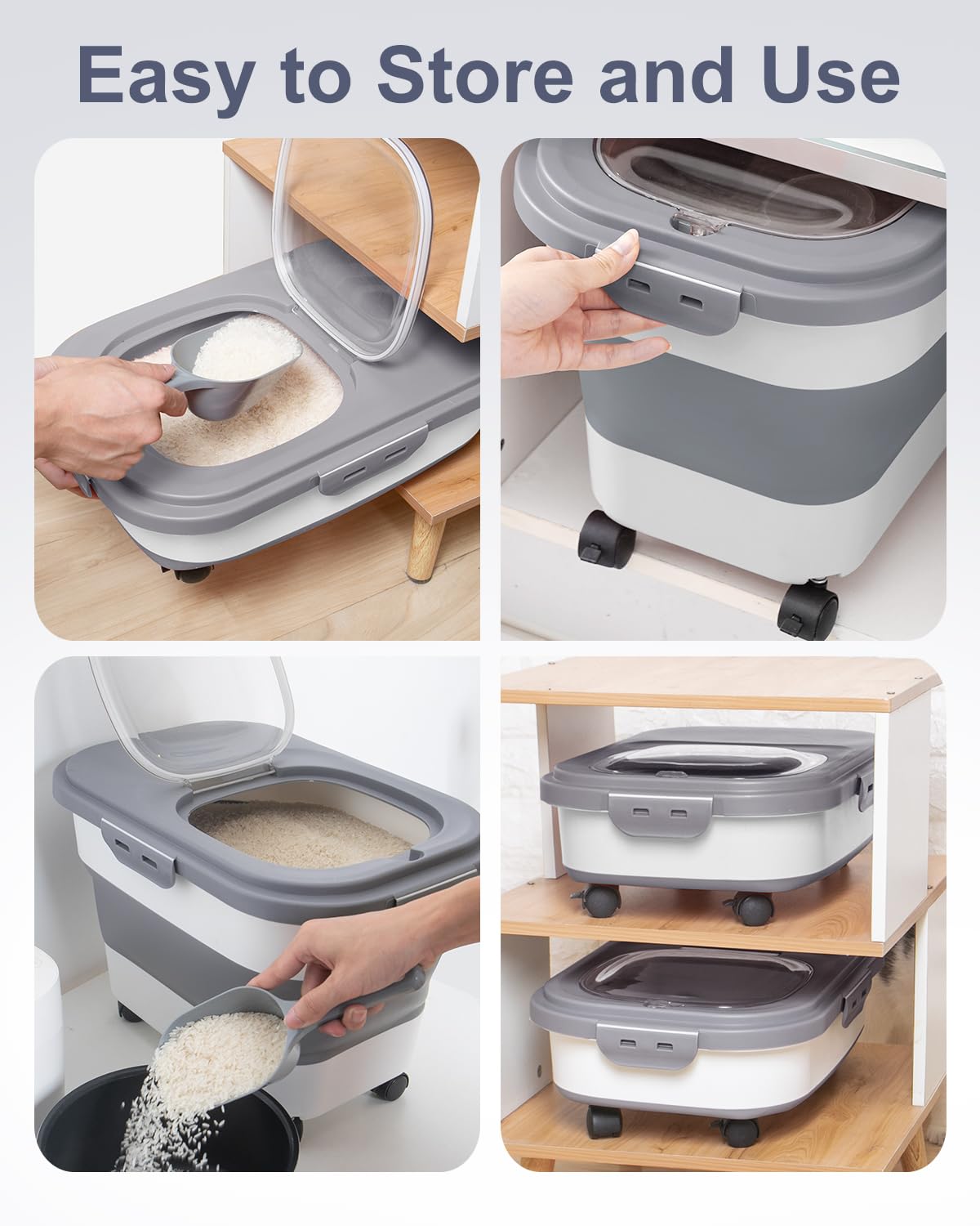 DDMOMMY 20-30Lbs Rice Storage Container,Collapsible Food Storage Containers with Rolling Wheel Airtight Locking Lid,Flour Storage Container with Cup and Scoop,Suitable for Food,Rice,Pet Food,Flour