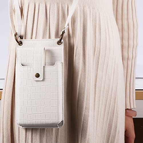 Leather Cell Phone Purse, Small Cell Phone Wallet with Card Slots and Makeup Mirror, Mini Cell Phone Purse Crossbody Bag for Women for iPhone Samsung All Smartphone (White)