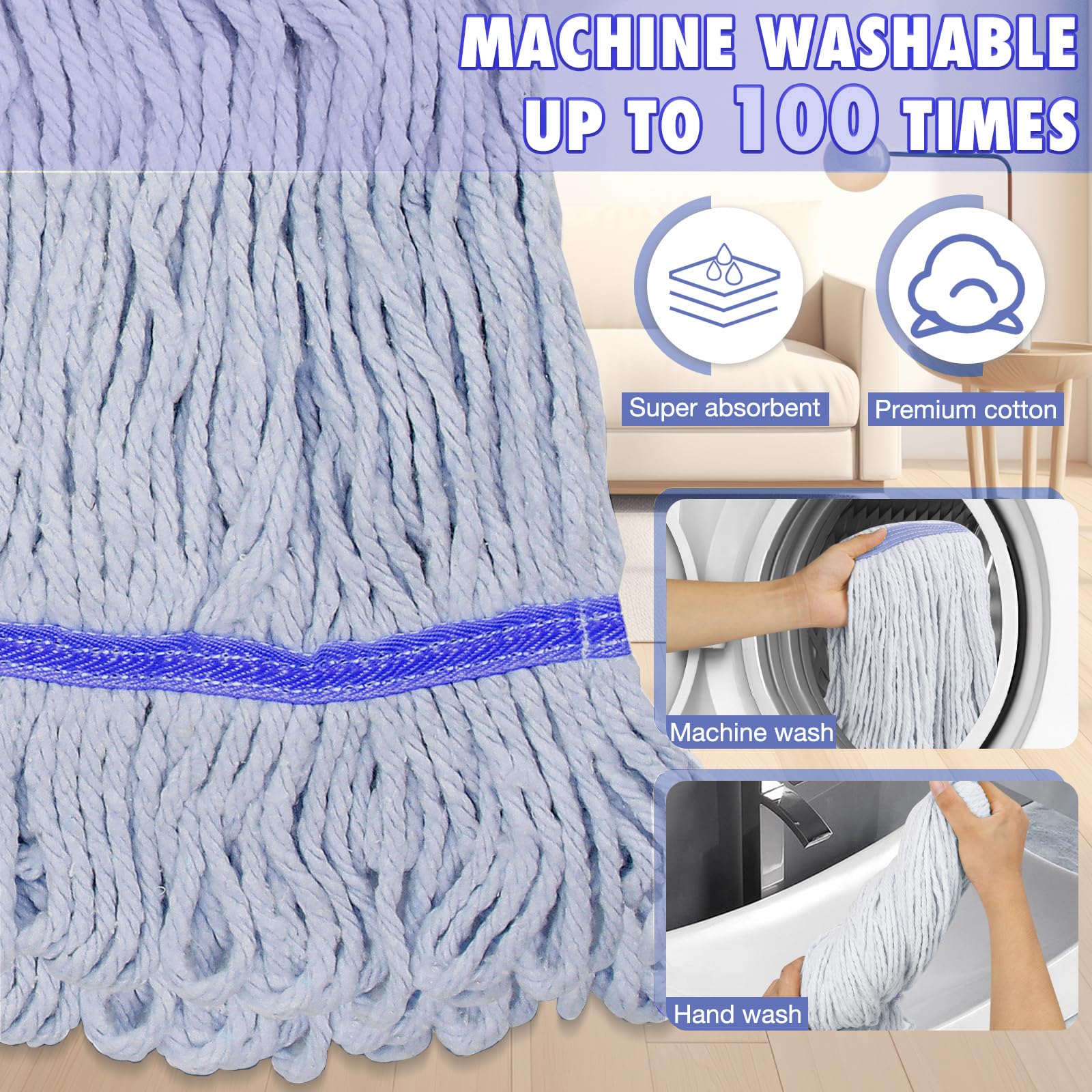 Looped-End Commercial Industrial Cotton Mop for Floor Cleaning ,Heavy Duty String Wet Mops with Long Handle for Home,Garage,Office, Workshop, Warehouse Floor Cleaning (1 Industrial mop)