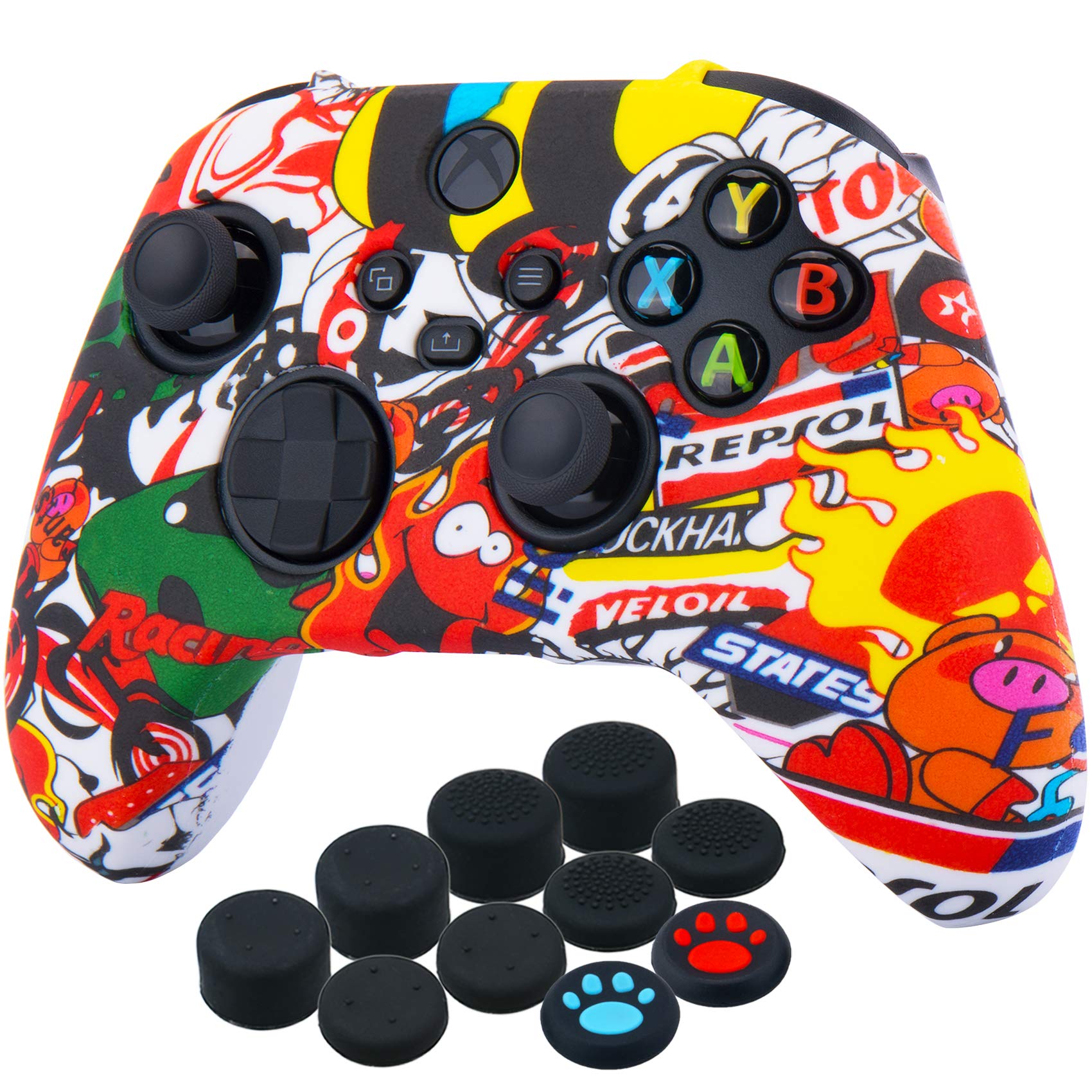 YoRHa Silicone Printing Thickened Cover Skin Case for Xbox Series X/S Controller x 1(Skull Graffiti II) with Thumb Grips x 10