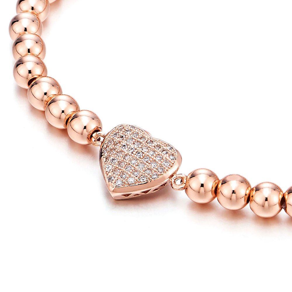 COOLSTEELANDBEYOND Rose Gold Beads Link Charm Bracelet for Women with Cubic Zirconia Heart Charm, Polished