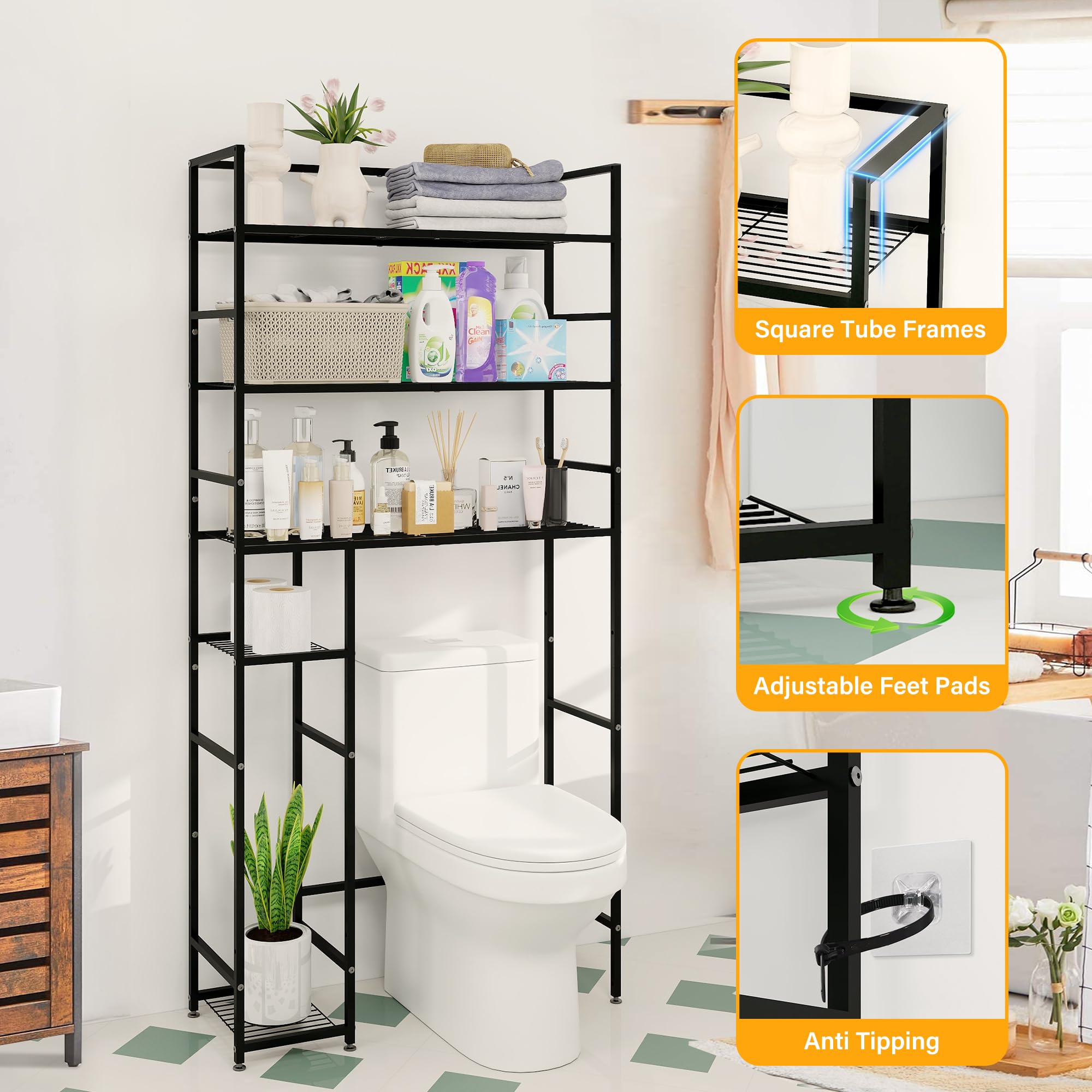 MallBoo Over The Toilet Storage, 5 Tier Bathroom Organizer Shelf, 31.5''W Toilet Rack with Adjustable Feet, Bathroom Rack for Restroom, Laundry, Balcony(Black)