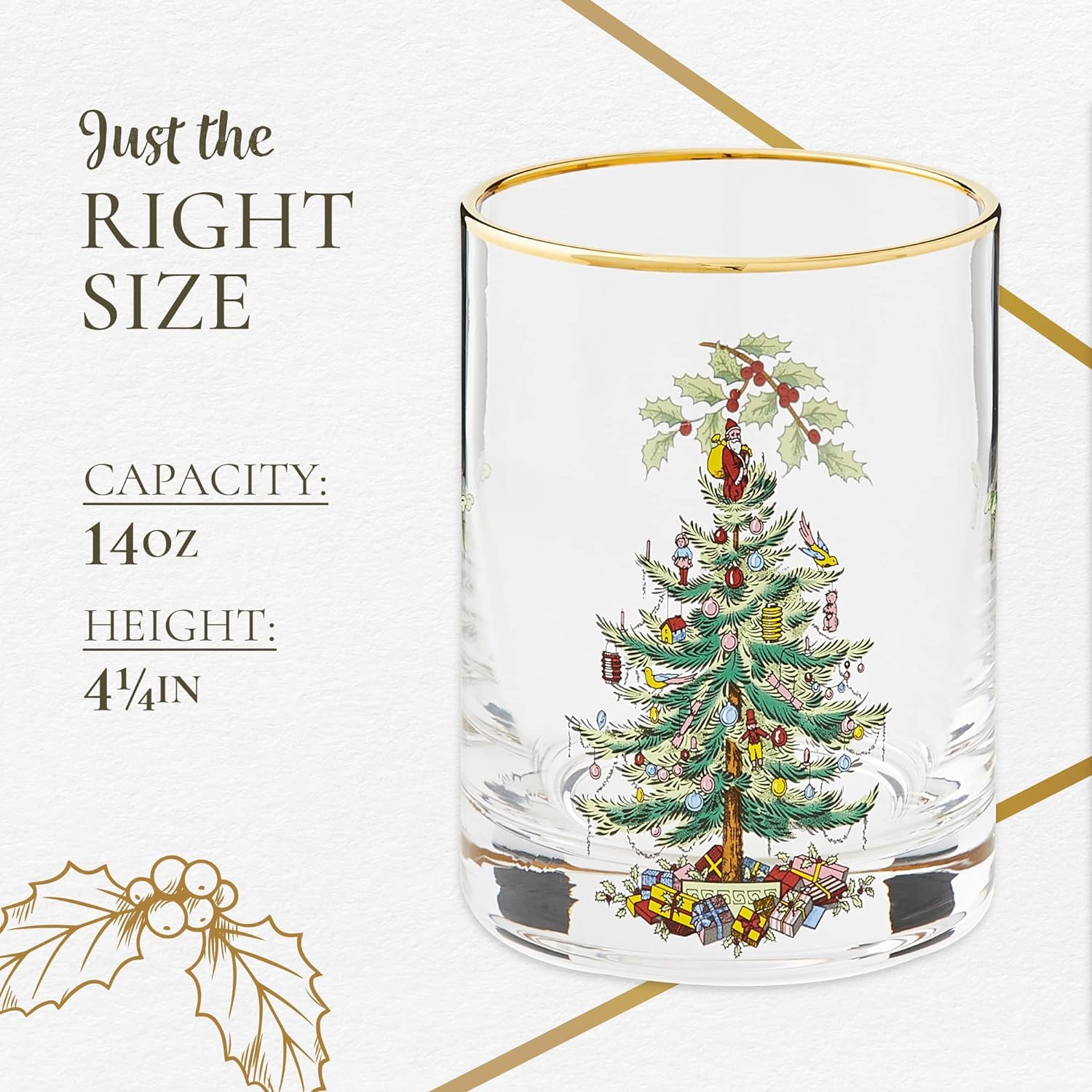 Spode Christmas Tree 14oz Double Old Fashioned Glasses, Set of 4 - Festive Holiday Drinkware with Rustic Christmas Design, Excellent for Whiskey at Holiday Gatherings and Cozy Celebrations