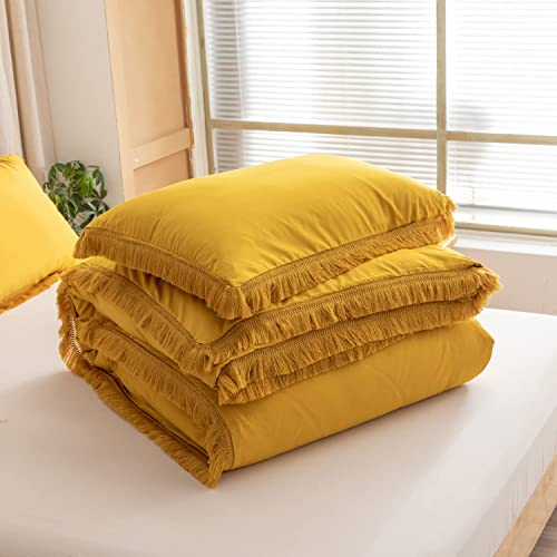 Smoofy Boho Mustard Yellow Duvet Cover King Size, 3 Pieces Bohemian Fringe Tufted Soft Tassel Microfiber Duvet Cover with Zipper Closure (1 Duvet Cover, 2 Pillowcases)