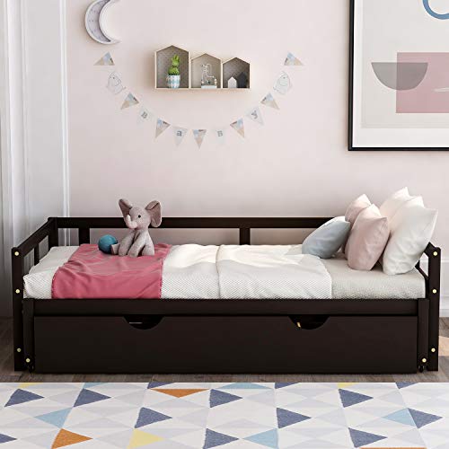 Merax Modern Wood Daybed with Pop Up Trundle Twin to King Triple Sofa Bed Frame for Kids Teens Adults/No Box Spring Needed Espresso