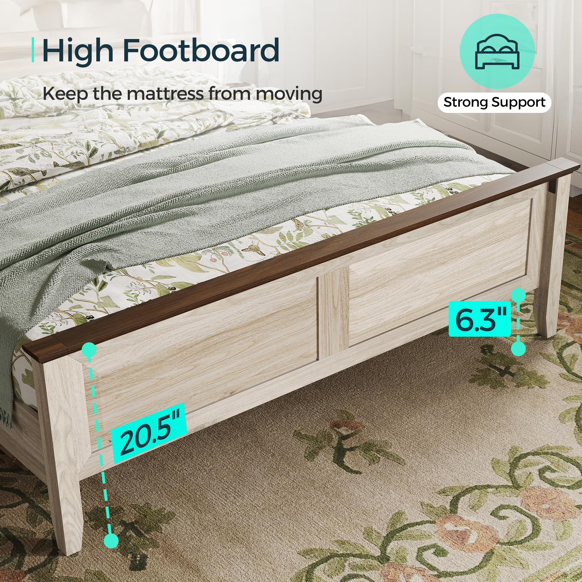 LINSY Wood Queen Bed Frame with Headboard, Farmhouse Bed Frame Queen Size with High Footboard, Wood Bed Fast Assembly, Noise-Free, No Box Spring Needed - Beige