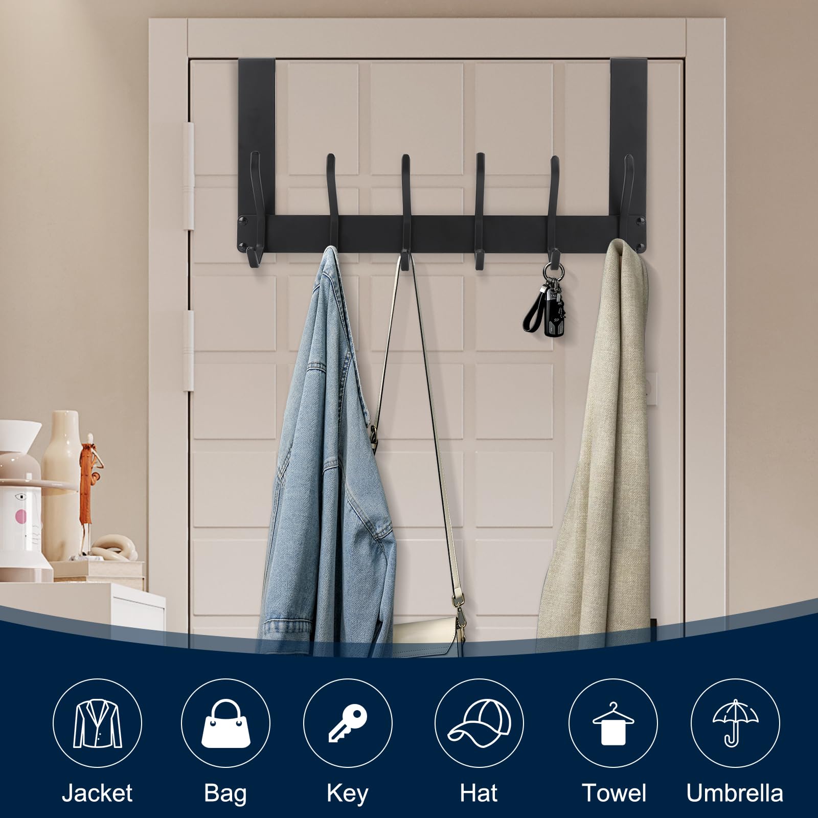 DAJIANG Over The Door Hook, Heavy Duty Over Door Hanger Holder for Coat Robe Hat Clothe Towels Hanging, Bathroom Organizer Towel Rack 12 Hooks (Black, 12 Hook)