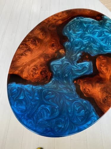 Oval Shape Epoxy Coffee Table with Blue Resin River, Custom Round Acacia Wood Side Circle, Wide Blue Resin River, Blue River Epoxy Table (18X18)