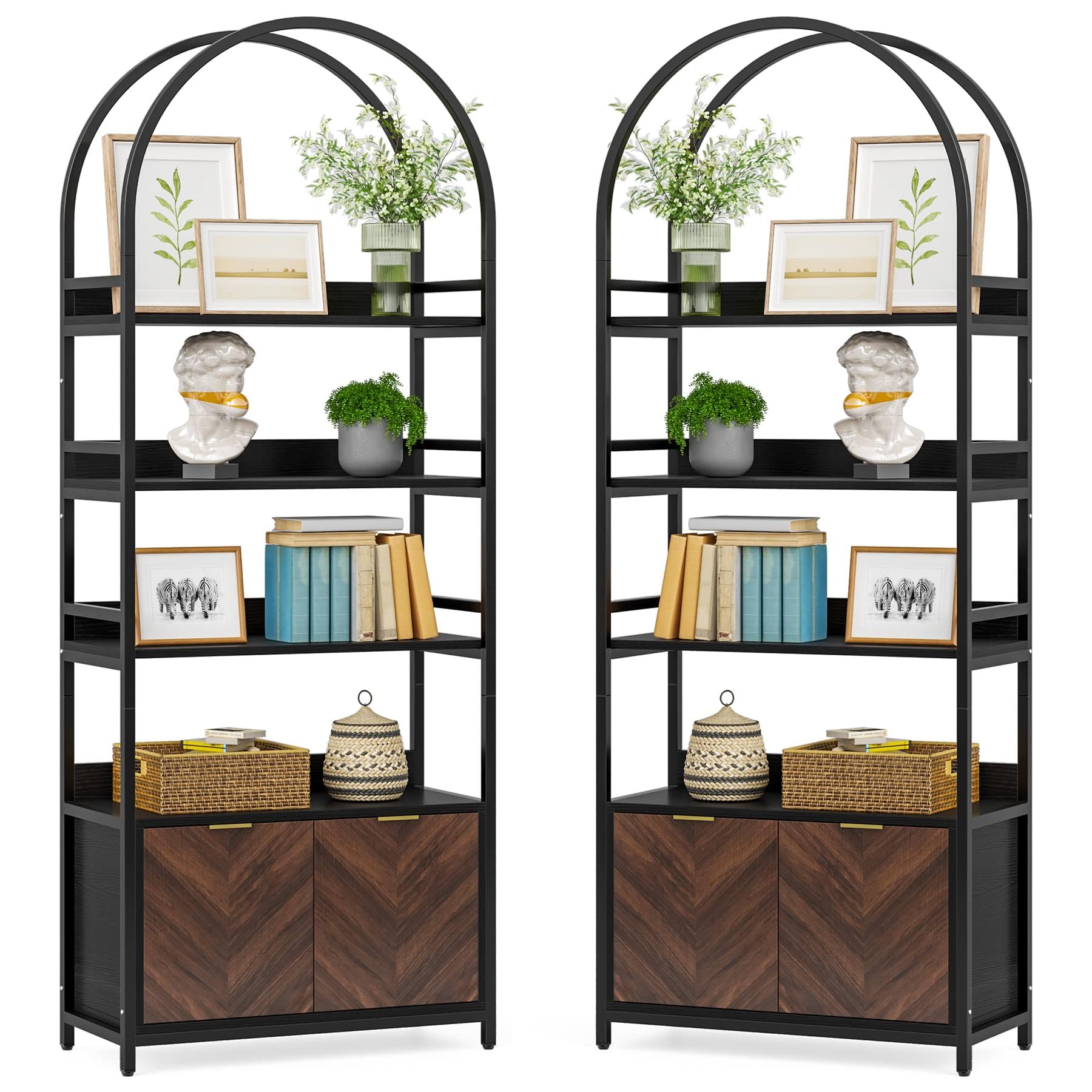 Tribesigns 2PC Bookshelf with Door, 75.9 Inch Tall Etagere Bookcase with Storage Cabinet Shelf, 4-Tier Display Shelf for Bedroom Living Room (Black, 2PC)