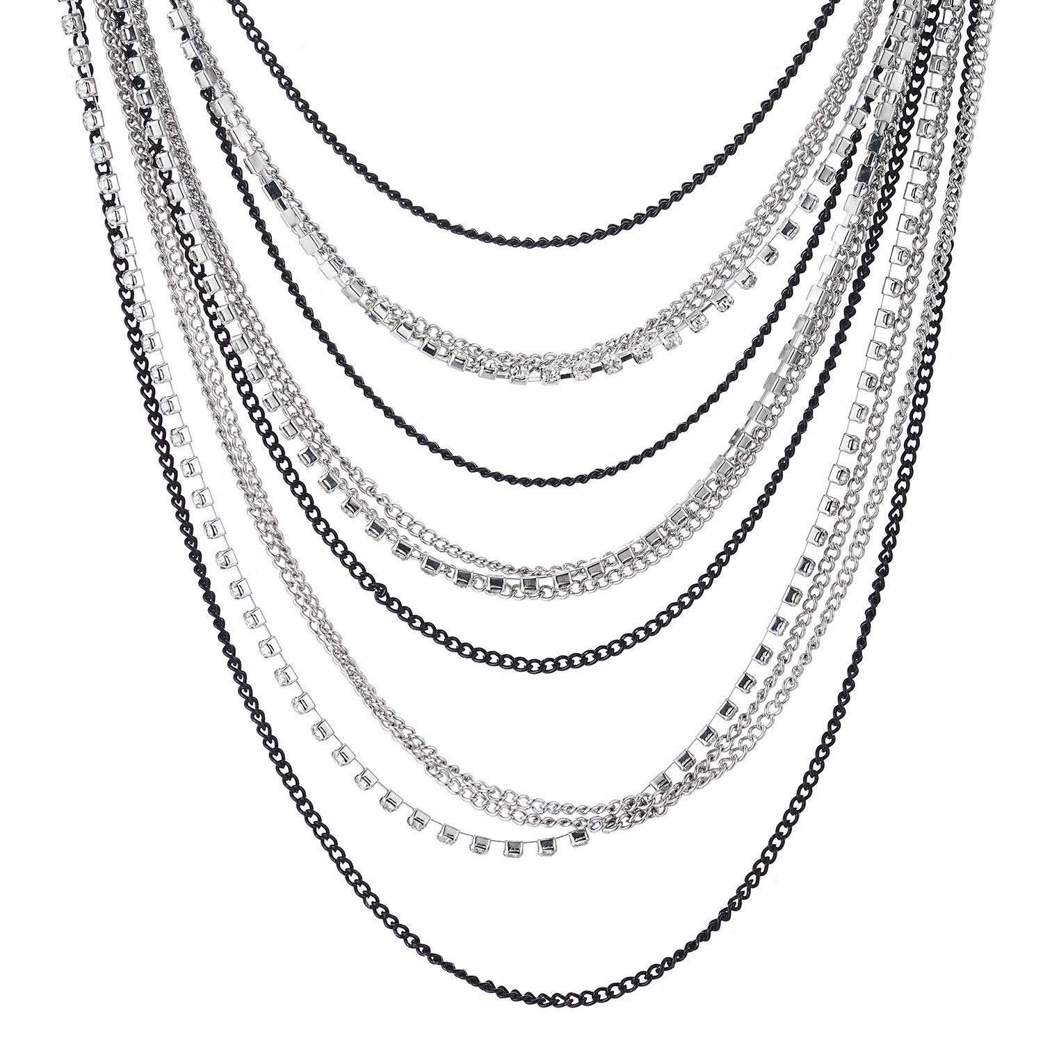COOLSTEELANDBEYOND Black Silver Waterfall Multi-Strand Long Layered Chains Statement Collar Necklace with Rhinestones