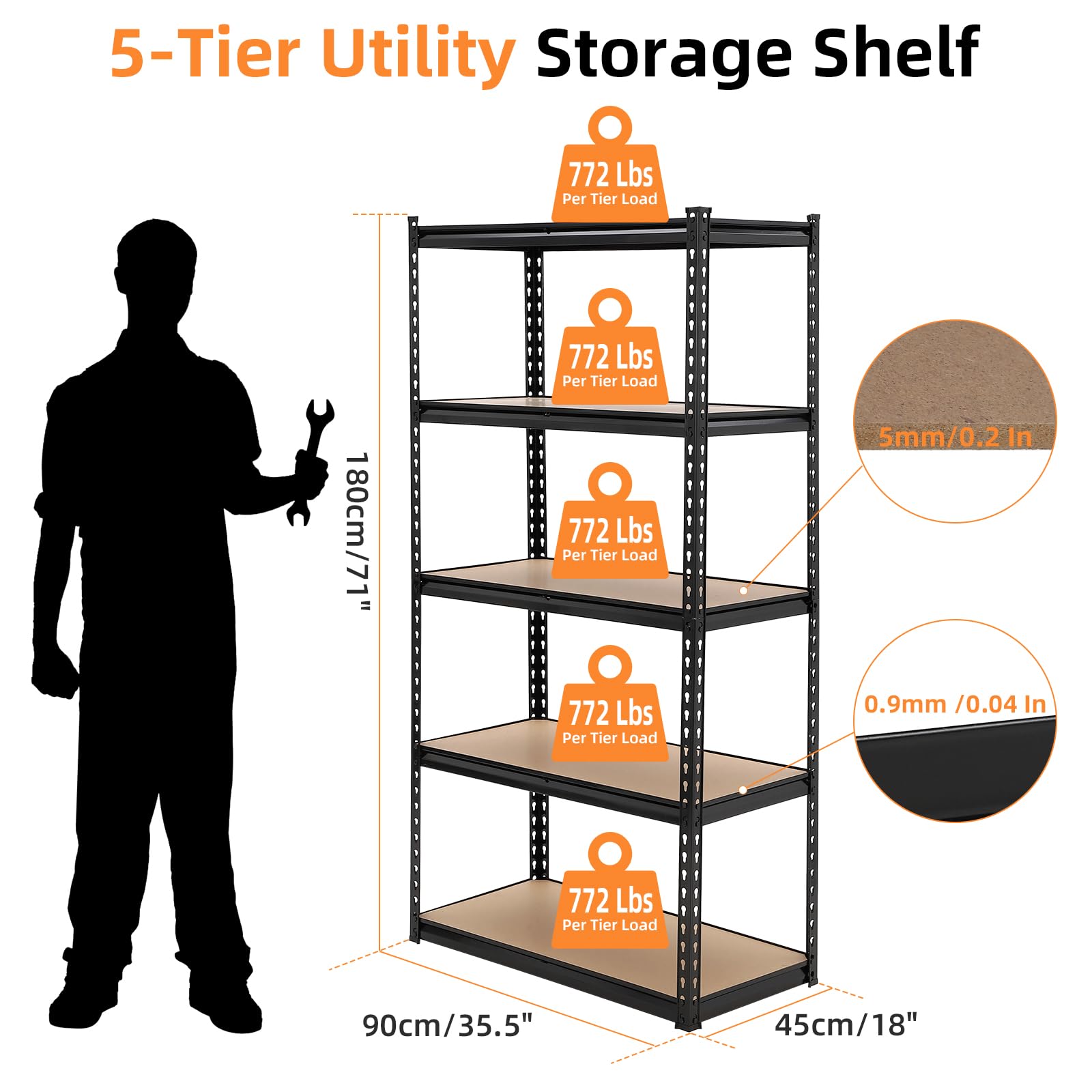 LinTimes Garage Shelving, 71" Garage Storage Shelves Heavy Duty Shelving Units, Loads 3860 Lbs, Adjustable 5 Tier Utility Shelves for Garage Basement Laundry, Utility Shelf Rack, Black