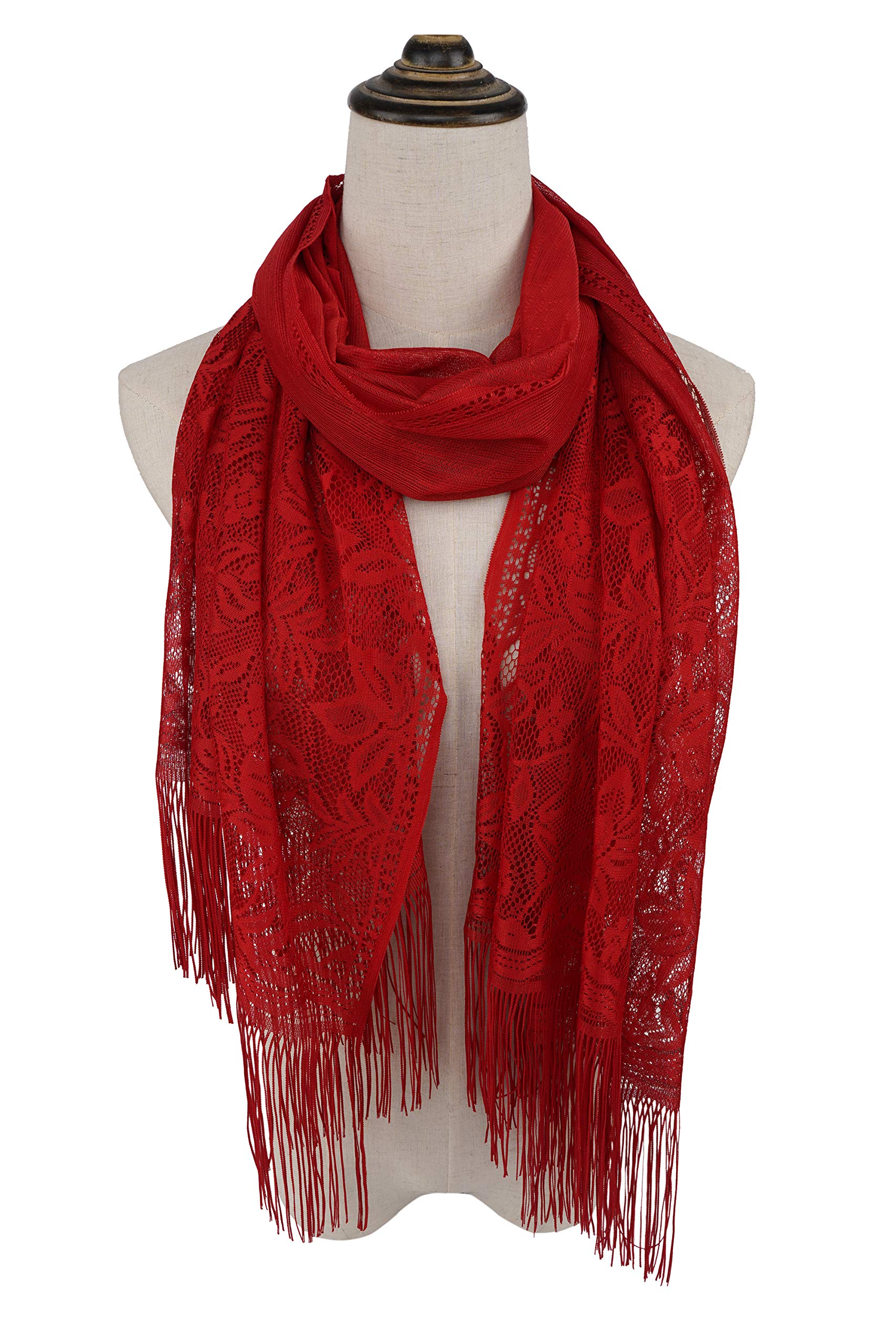 YOUR SMILE Ladies/Women's Lightweight Solid Color Fringe Lace Tassels Long Shawl Scarf For Spring Summer Fall (Red)