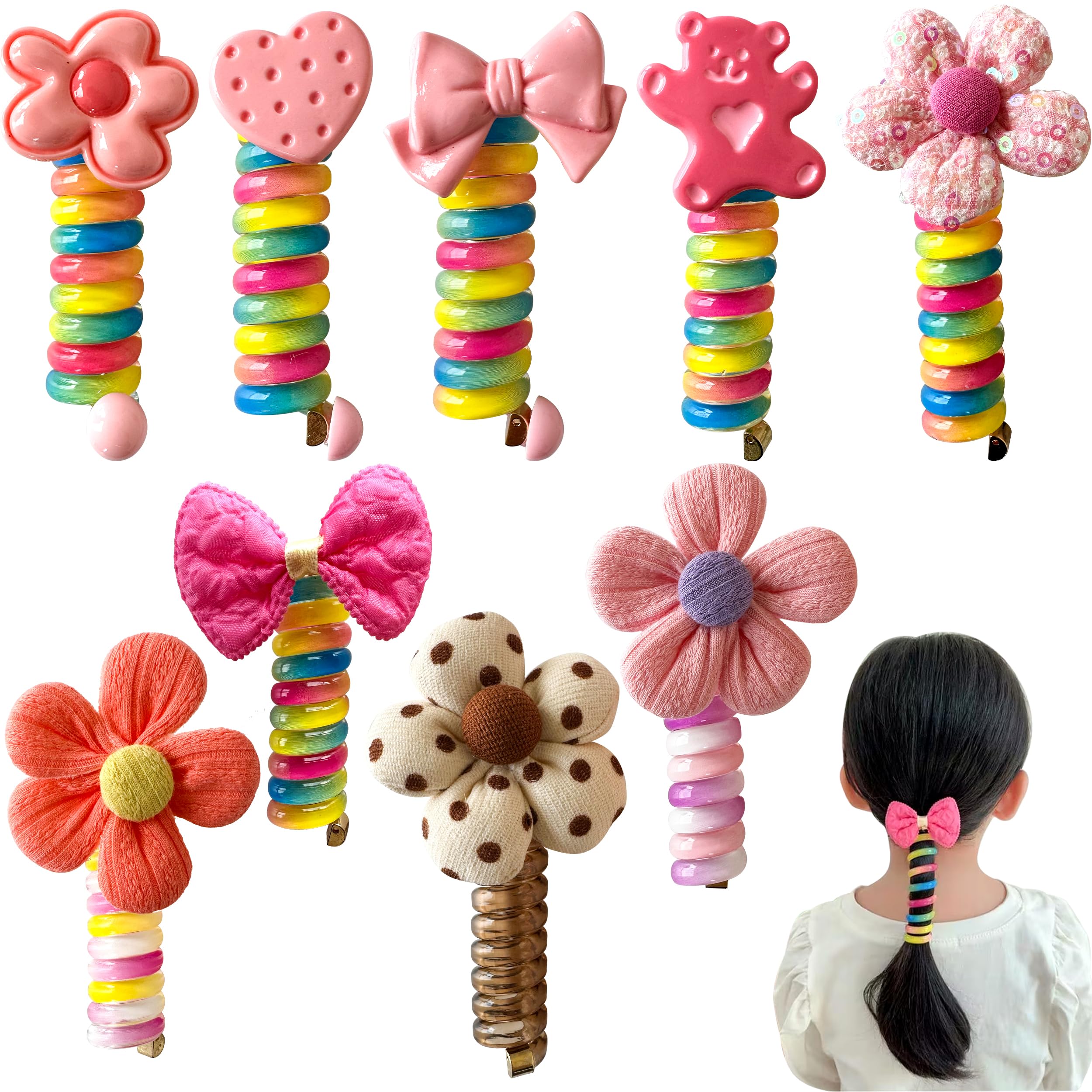 Colorful Telephone Wire Hair Bands Bowknot Braided Flower Telephone Cord Hair Ties Ponytail Holder Phone Cord Spiral Hair Ties for Kids (Colorful)