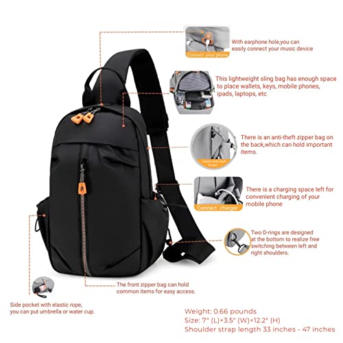 DELWAP Sling Bag for Men Small Backpack with Usb Charging Port Unisex Anti Theft Crossbody Bag Lightweight Casual Daypack Black