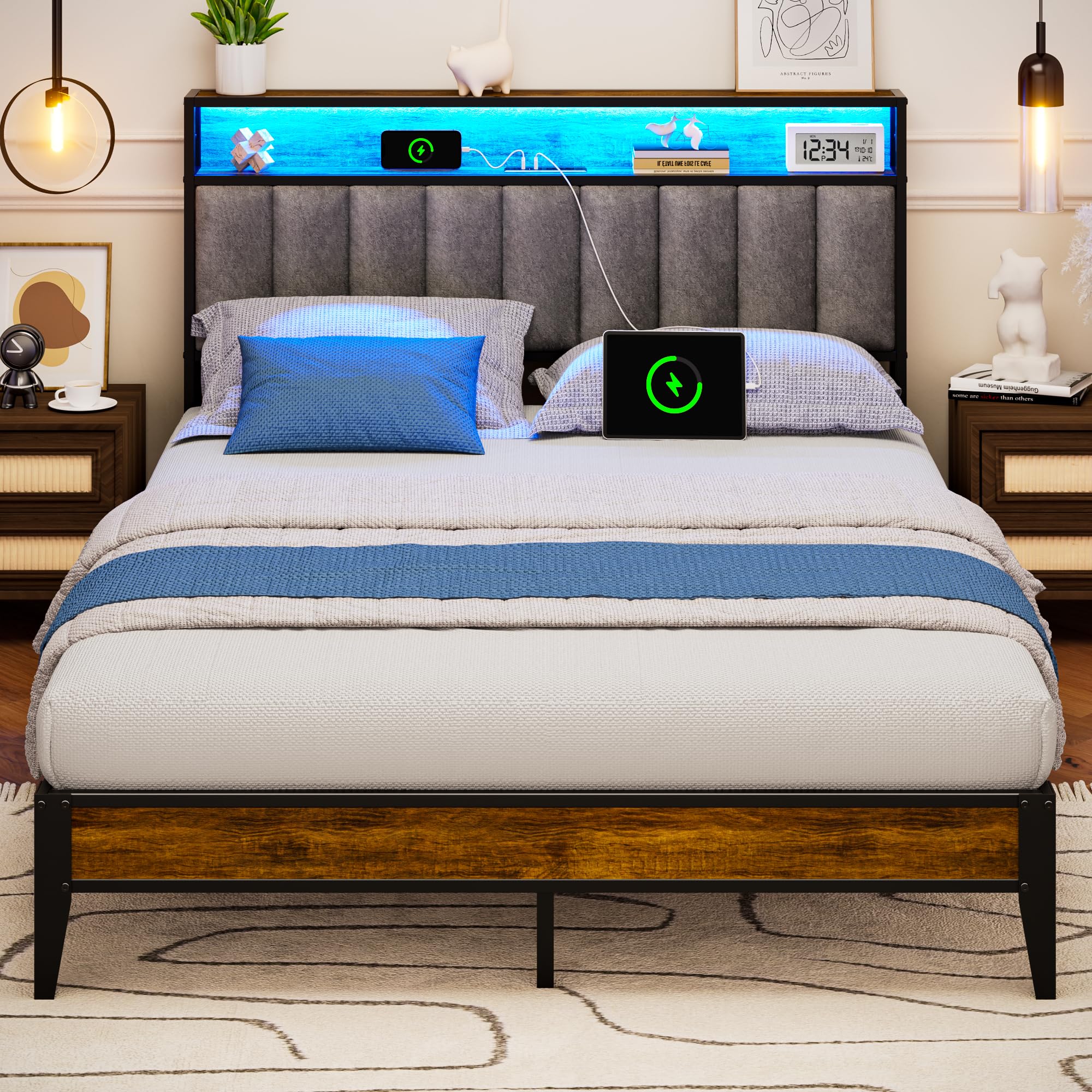 HLHFZP Queen Bed Frame, Queen Bed Frame with LED Light Headboard and 1 Type C & 2 USB Charging Station, Heavy Duty Metal Bed Frame No Box Spring Needed - Easy Assembly and Noise Free (English)