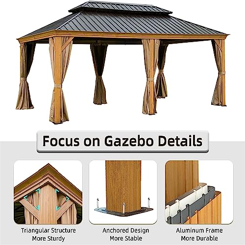 Jaxenor 12'x20' Outdoor Aluminum Wood Grain Hardtop Gazebo - Galvanized Steel Double Canopy for Patios, Decks, and Backyards - Includes Curtains and Netting (Wood-Looking)