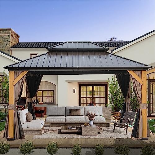 Jaxenor Outdoor Cedar Wood Frame Canopy - 12'x14' Hardtop Gazebo with Galvanized Steel Double Roof - Permanent Metal Pavilion for Patio, Backyard, and Lawn - Includes Curtains and Netting - Brown