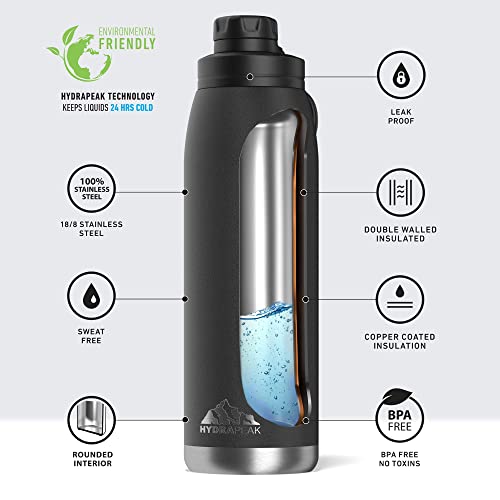 Hydrapeak 40 oz Insulated Water Bottle with Chug Lid - Leak Proof and Spill Proof Double Walled Vacuum Insulated Stainless Steel Water Bottles, Cold for 24 Hours | Hot for 12 Hours (Black)