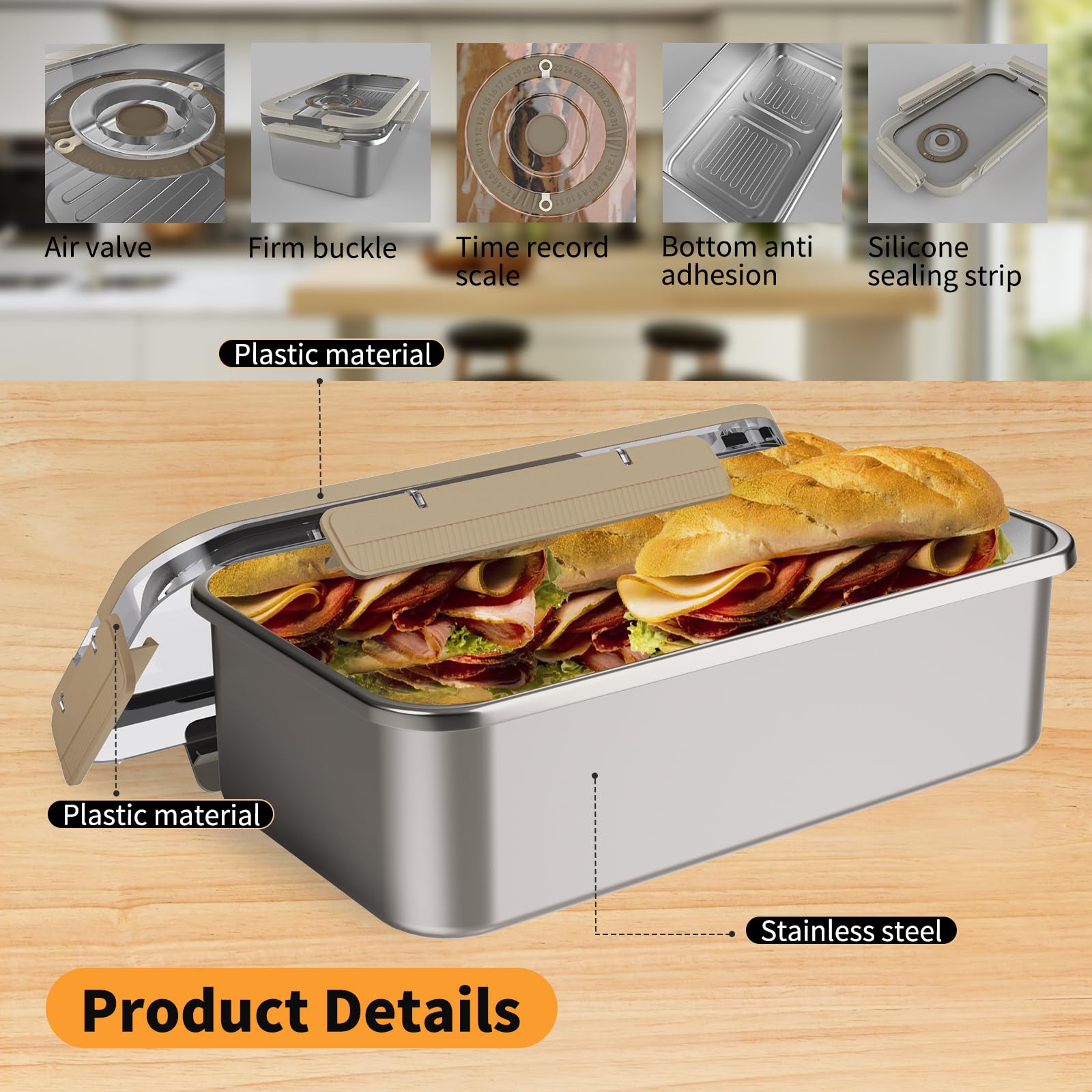 HAKELPOK Bakeable 304 Stainless Steel Bread Box for Homemade Bread, Portable Time Recording Bread Storage Container with Airtight Lid, Breadbox for Kitchen Countertop, Bun, Bagel (Brown)