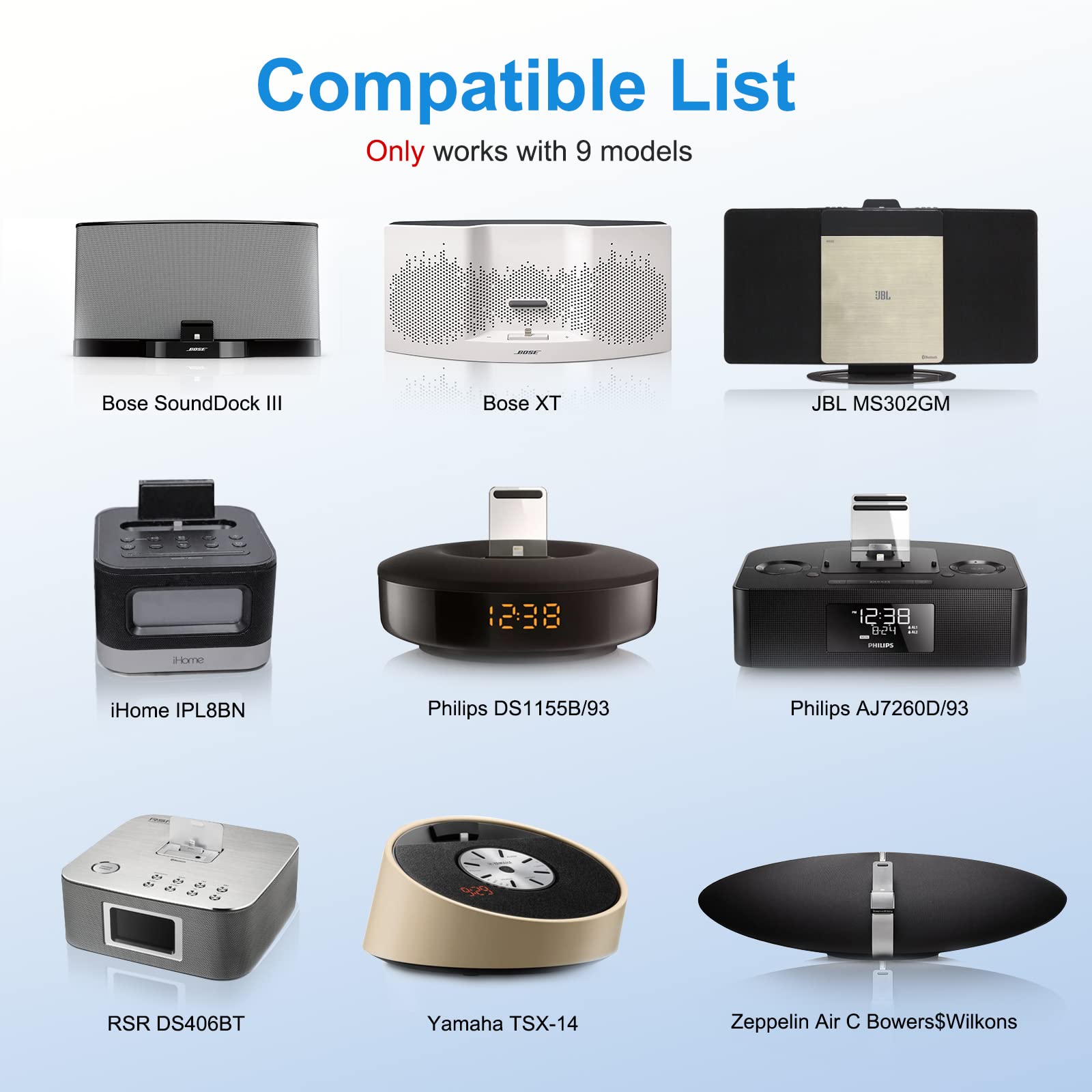 ZIOCOM 8 Pin Bluetooth Adapter Receiver for Bose Sounddock III/XT, JBL MS302GM, Philips DS1155B/93, Philips AJ7260D/93, Yamaha TSX-14, iHome IPL8BN, Zeppelin Air C Bowers Wilkons, RSR DS406BT