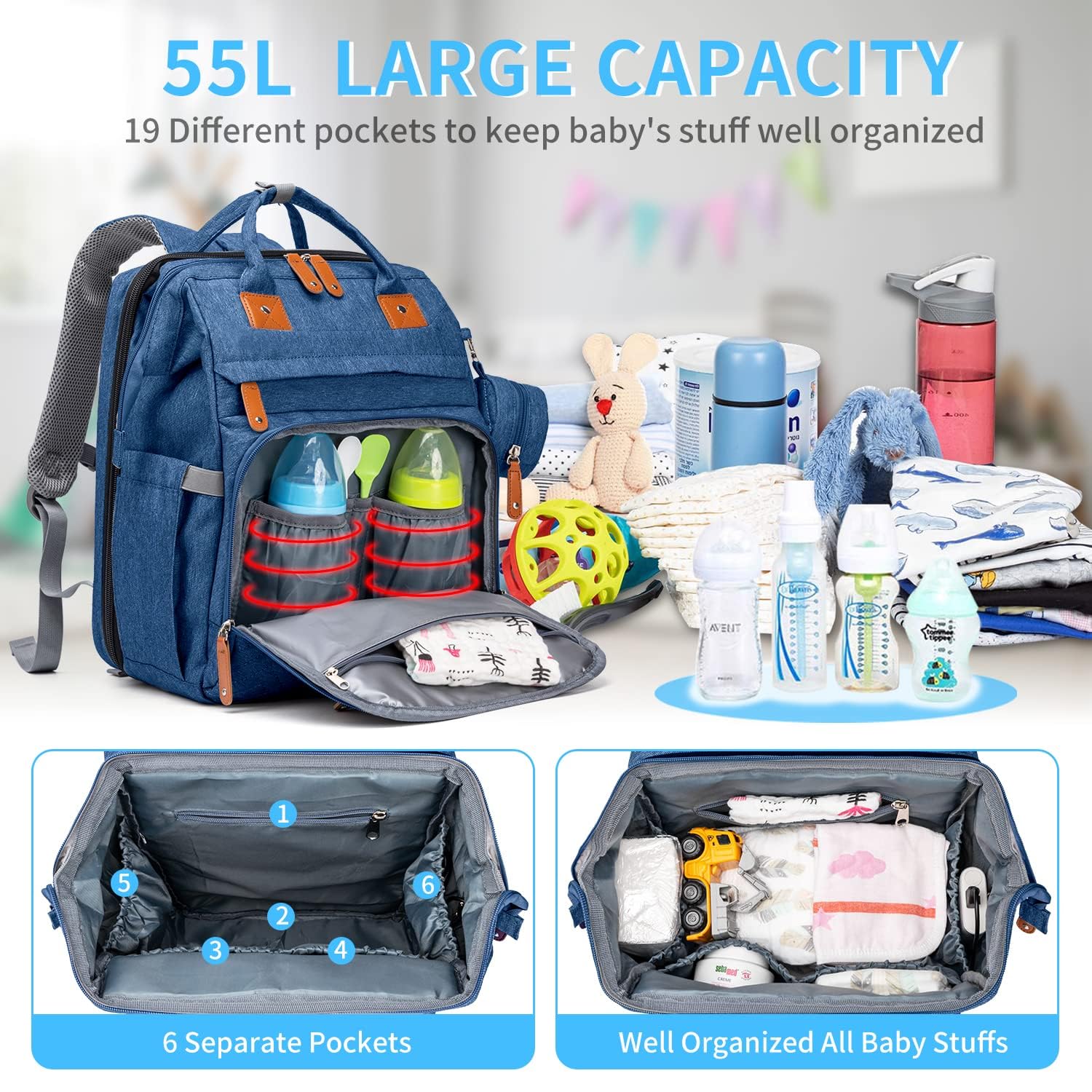 KABAQOO Diaper Bag Backpack, Large Baby Diaper Bags for Boys Girls, Baby Bag with USB Charging Port, Multifunction Waterproof Travel Back Pack for Moms Dads, Blue