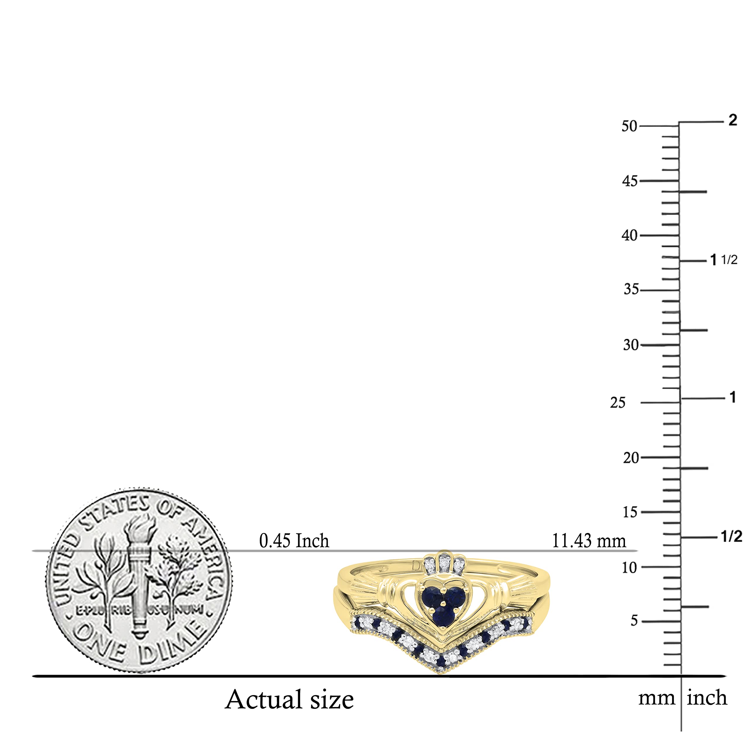 Dazzlingrock Collection 10K Round White Diamond & Blue Sapphire Bridal Heart Shape Engagement Set, Yellow Gold, Size 9